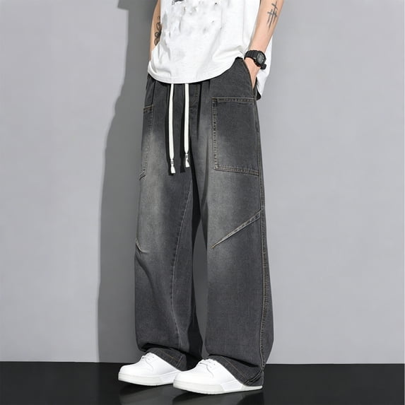 Bnwani Men Pants Fashion Elastic Waist Wide Leg Denim Loose Drawstring ...