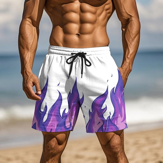 Bnwani Men Shorts Fashion Elastic Waist Beach Sports Flame Print Loose ...
