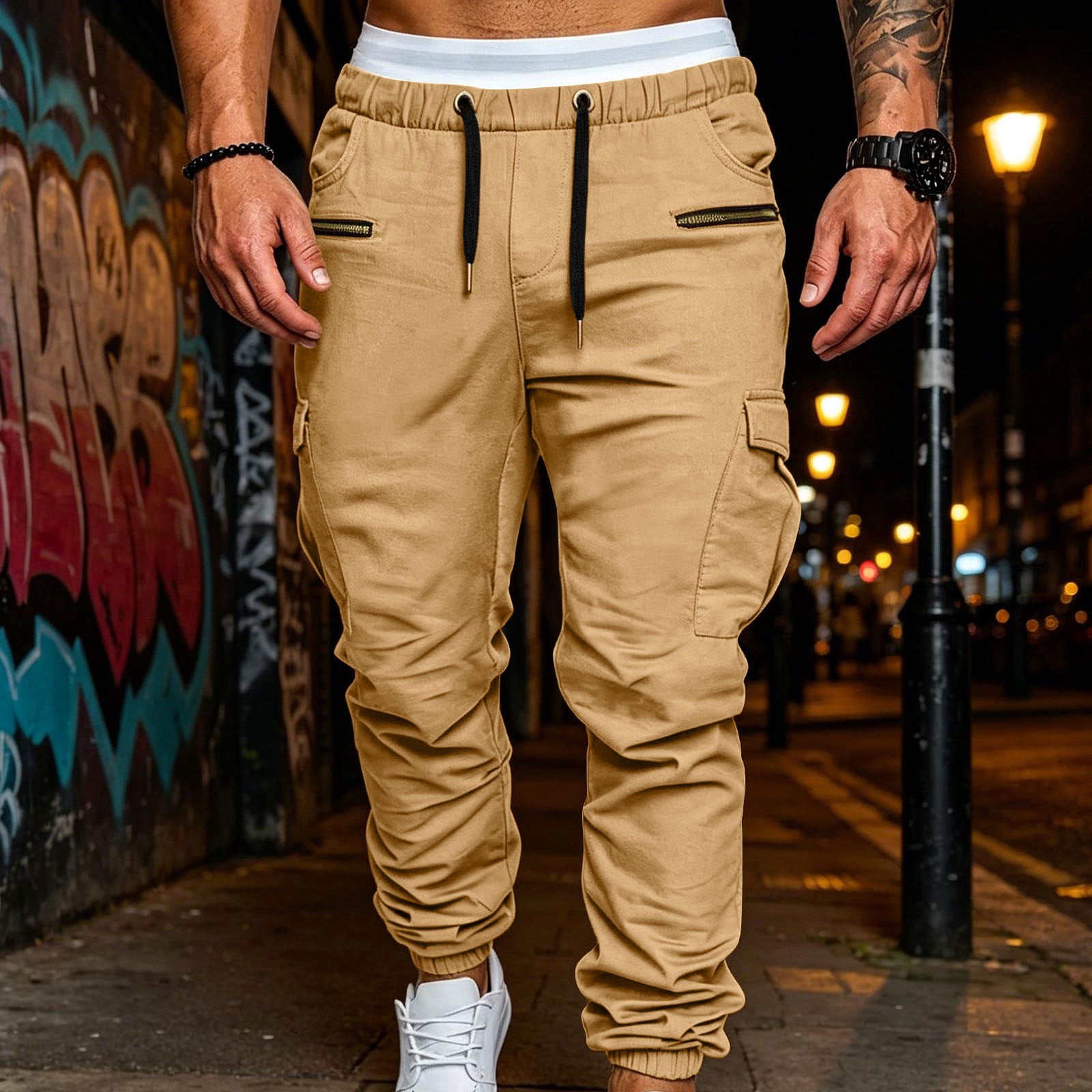 Bnwani Mens Pants Casual Cargo Drawstring Elastic Waist with Zipper ...