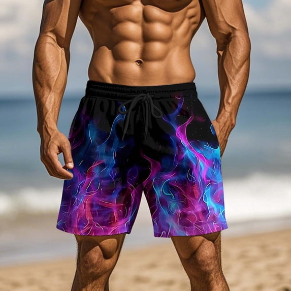 Bnwani Mens Shorts Casual Elastic Waist Beach Sports Drawstring Flame ...
