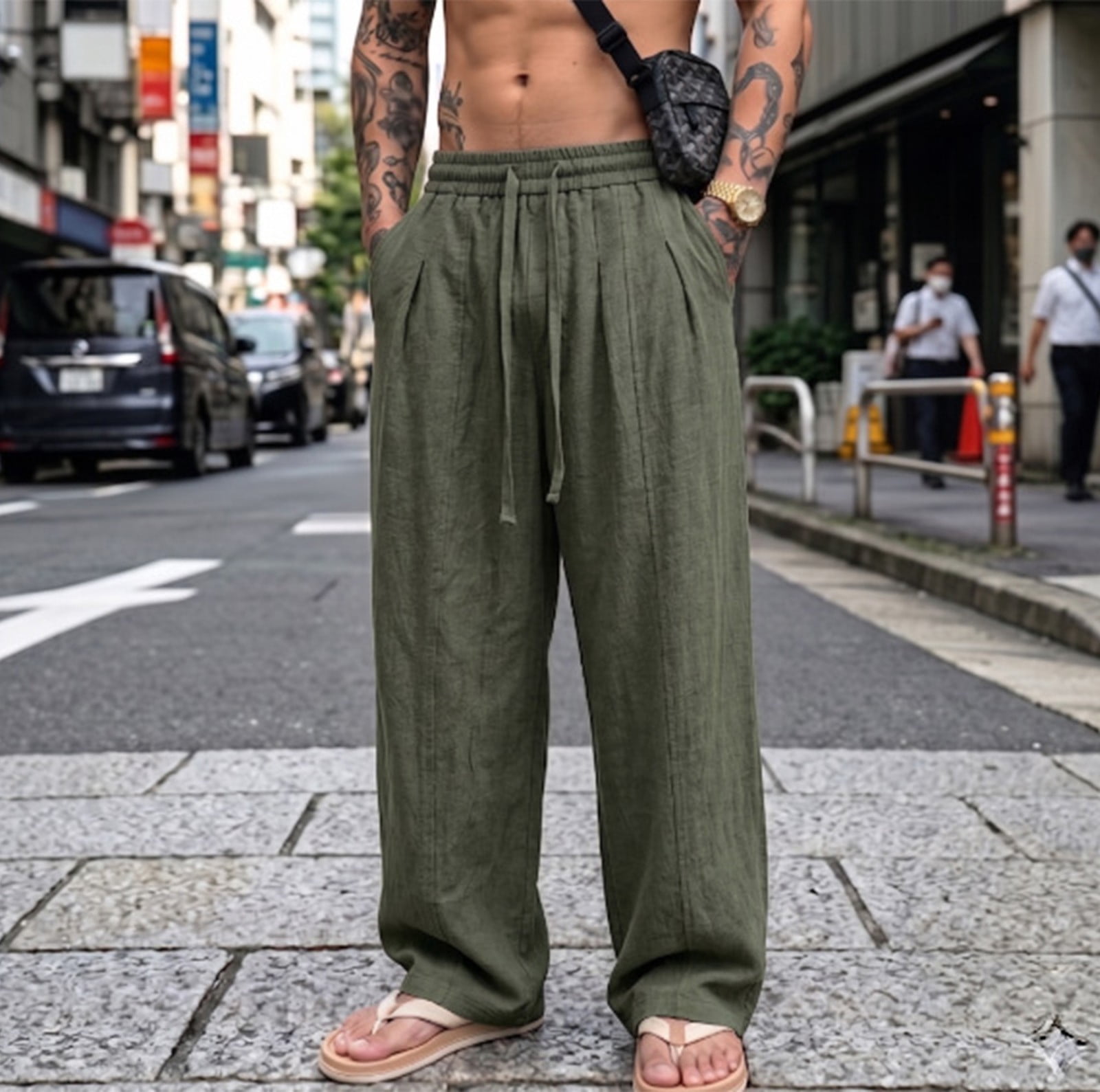 Bnwani Pants for Men Casual Solid Color Drawstring Elastic Waist Wide ...
