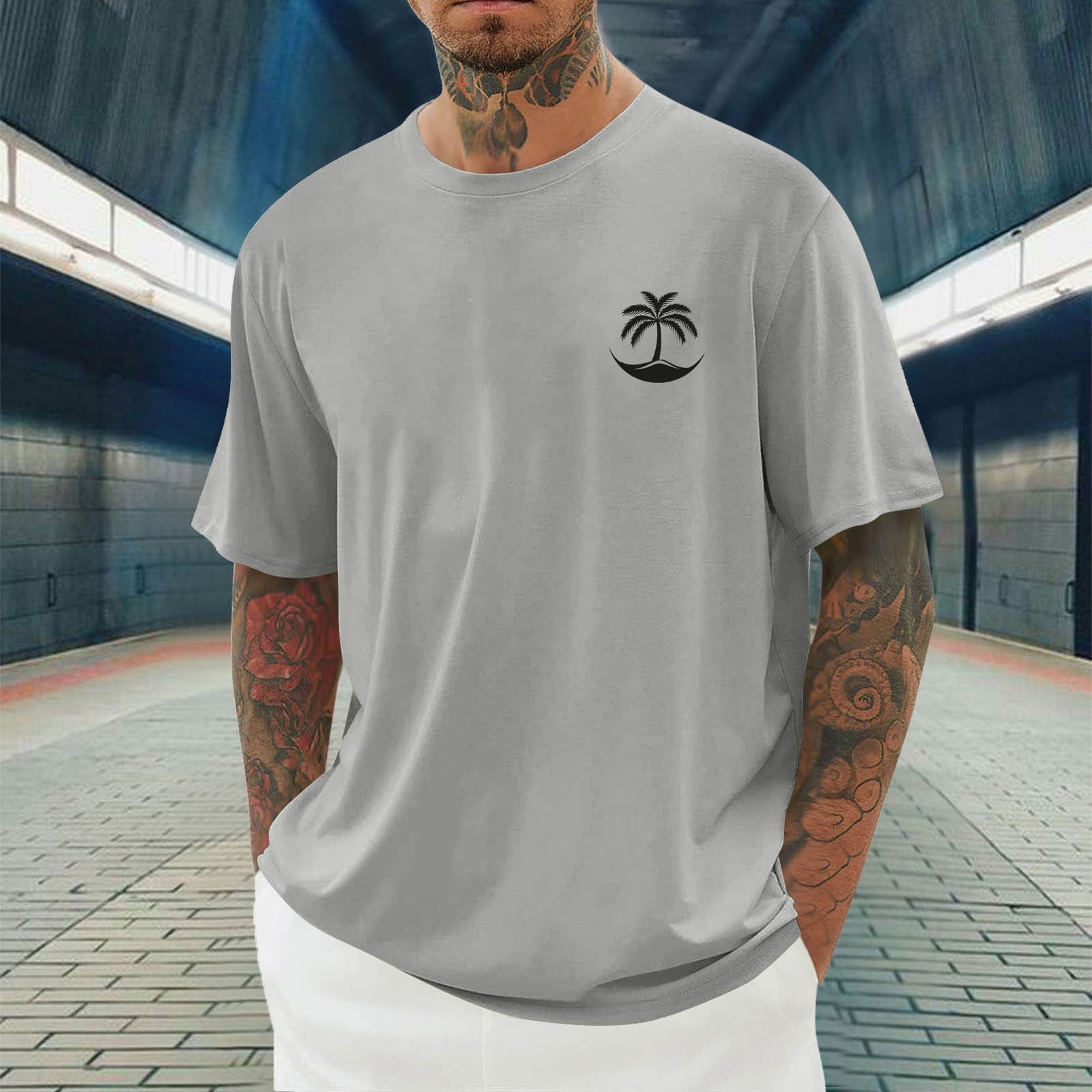 Bnwani Shirts for Men Quick Dry Tee Printed Active Shirts Light Gray L ...