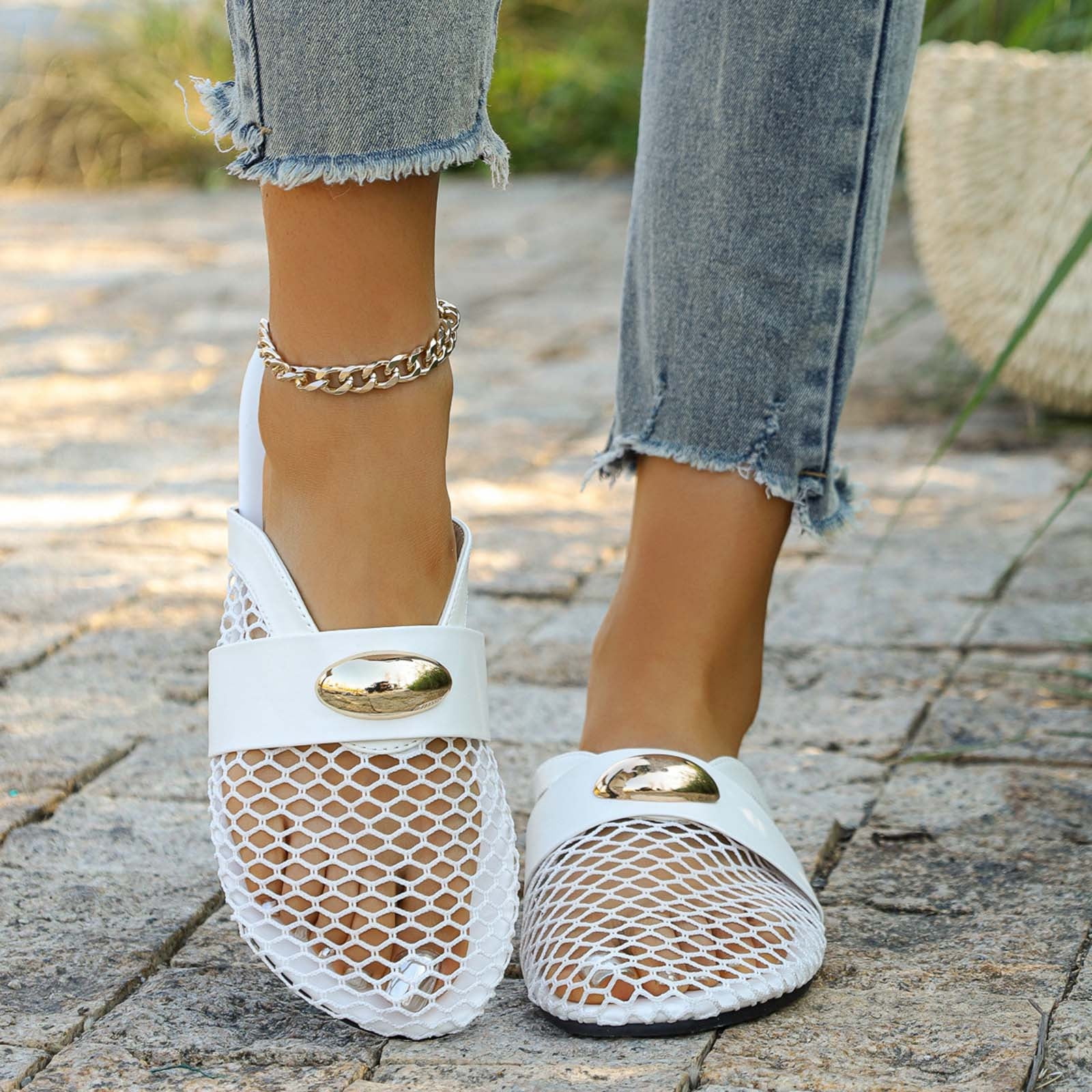 Bnwani Slides Shoes,Slides Women,Flat Heel,Cap Toe,Wide,Casual,White,8. ...