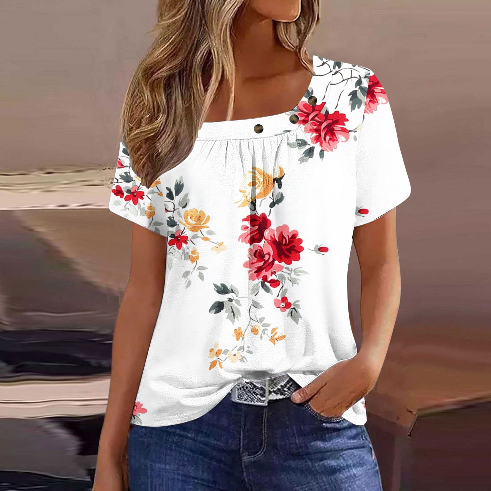 Bnwani T-Shirts Graphic,T-Shirts for Women,Pleated,Square Neckline ...