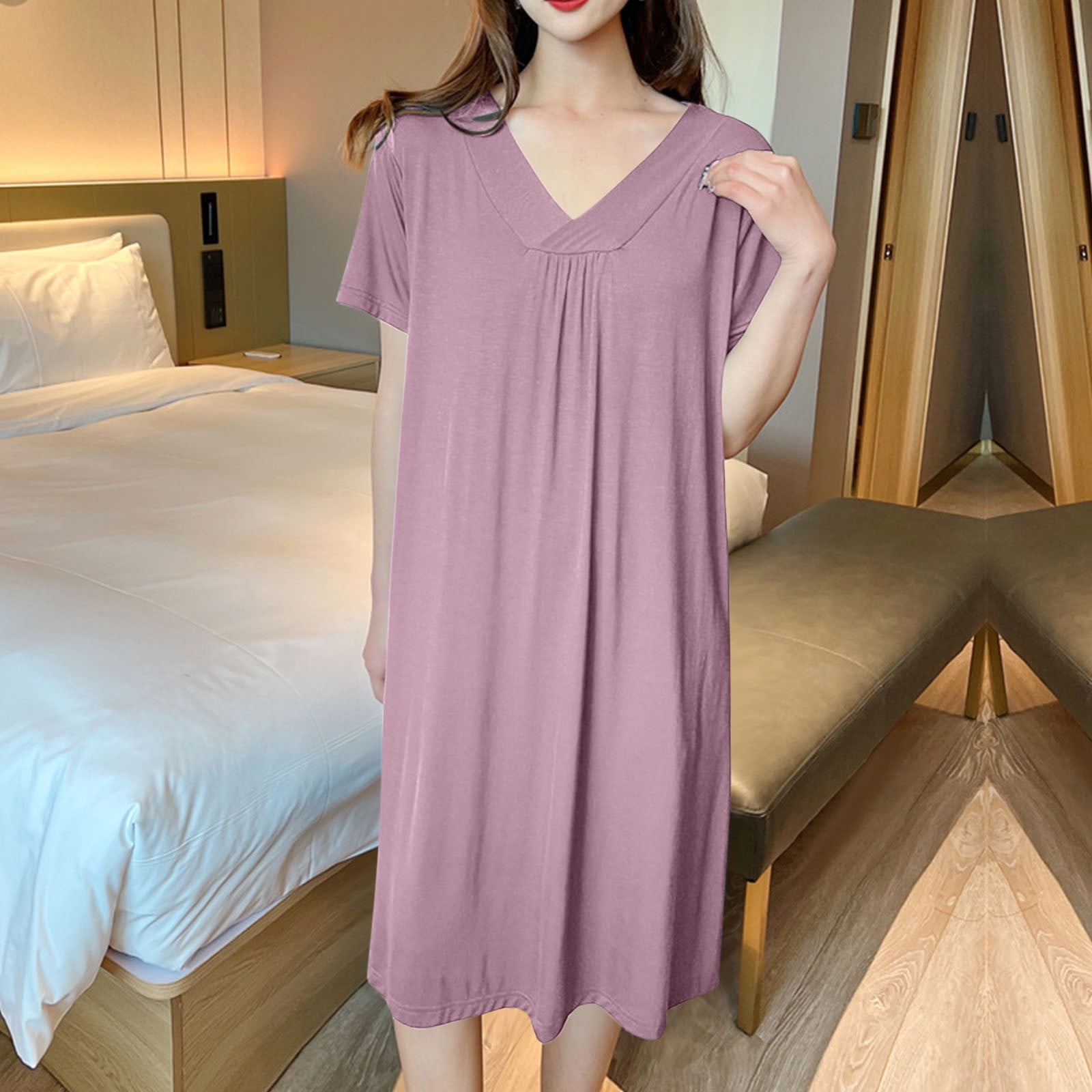 Bnwani Womens Pajamas,Womens Nightgown,Short Sleeve,Lightweight,Solid,V ...