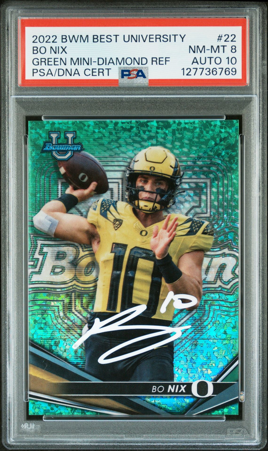 Bo Nix 2022 Bowman Best University Green Mini Diamond Refractor Signed ...