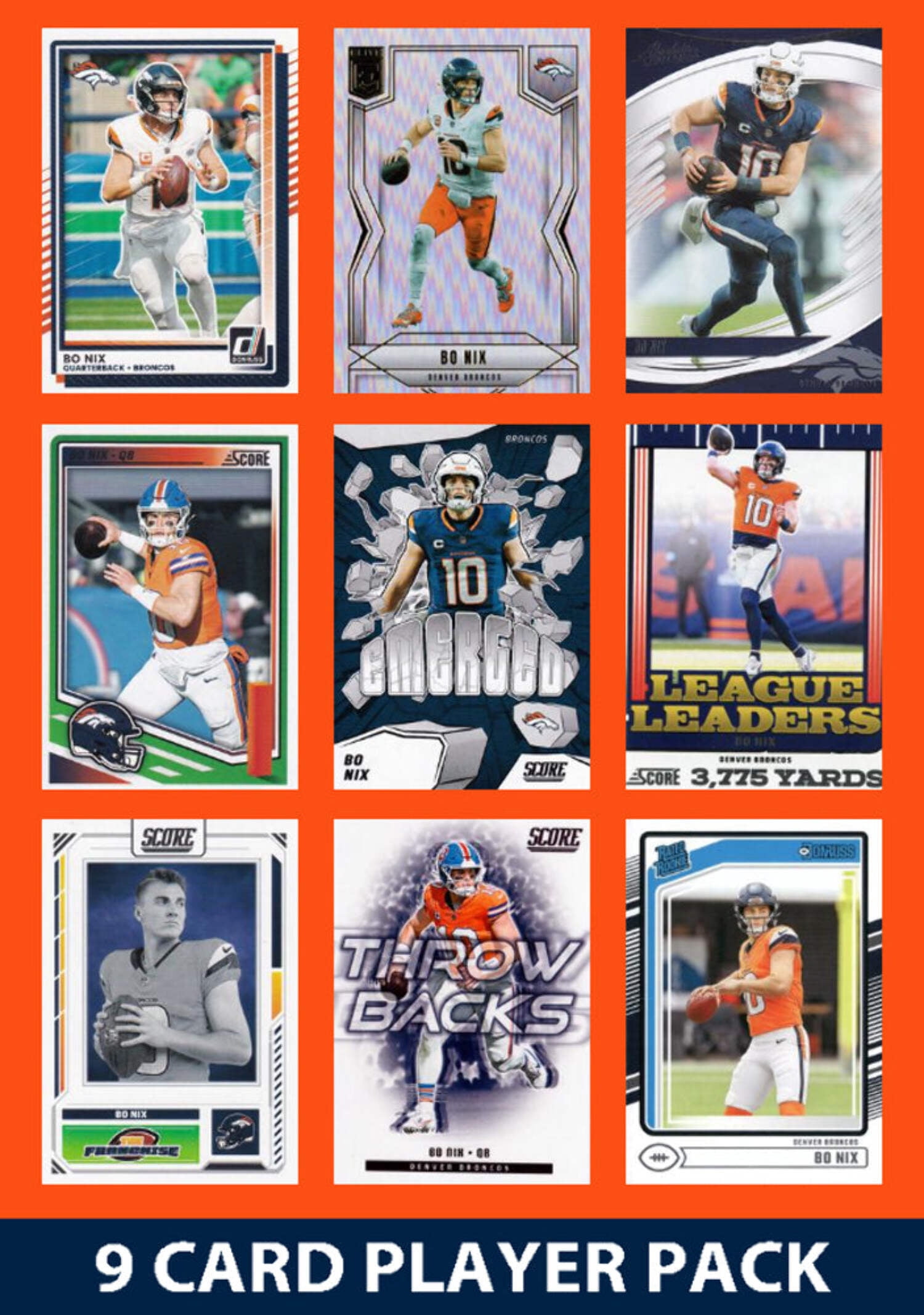 Bo Nix 9 Card Player Pack 2024 2025 Donruss Panini Score Denver Broncos ...