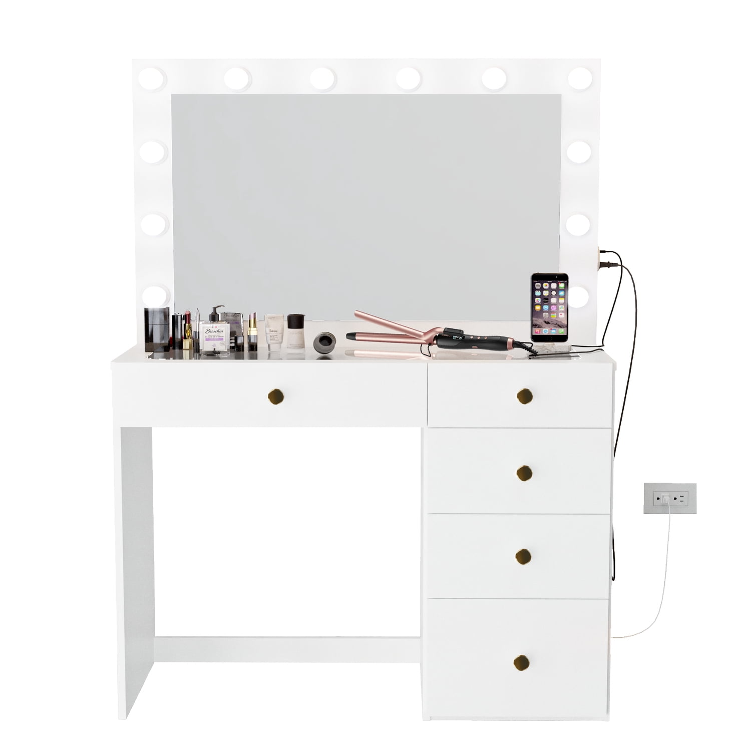 Boahaus Alana Vanity Makeup Desk White Golden Knobs - Walmart.com