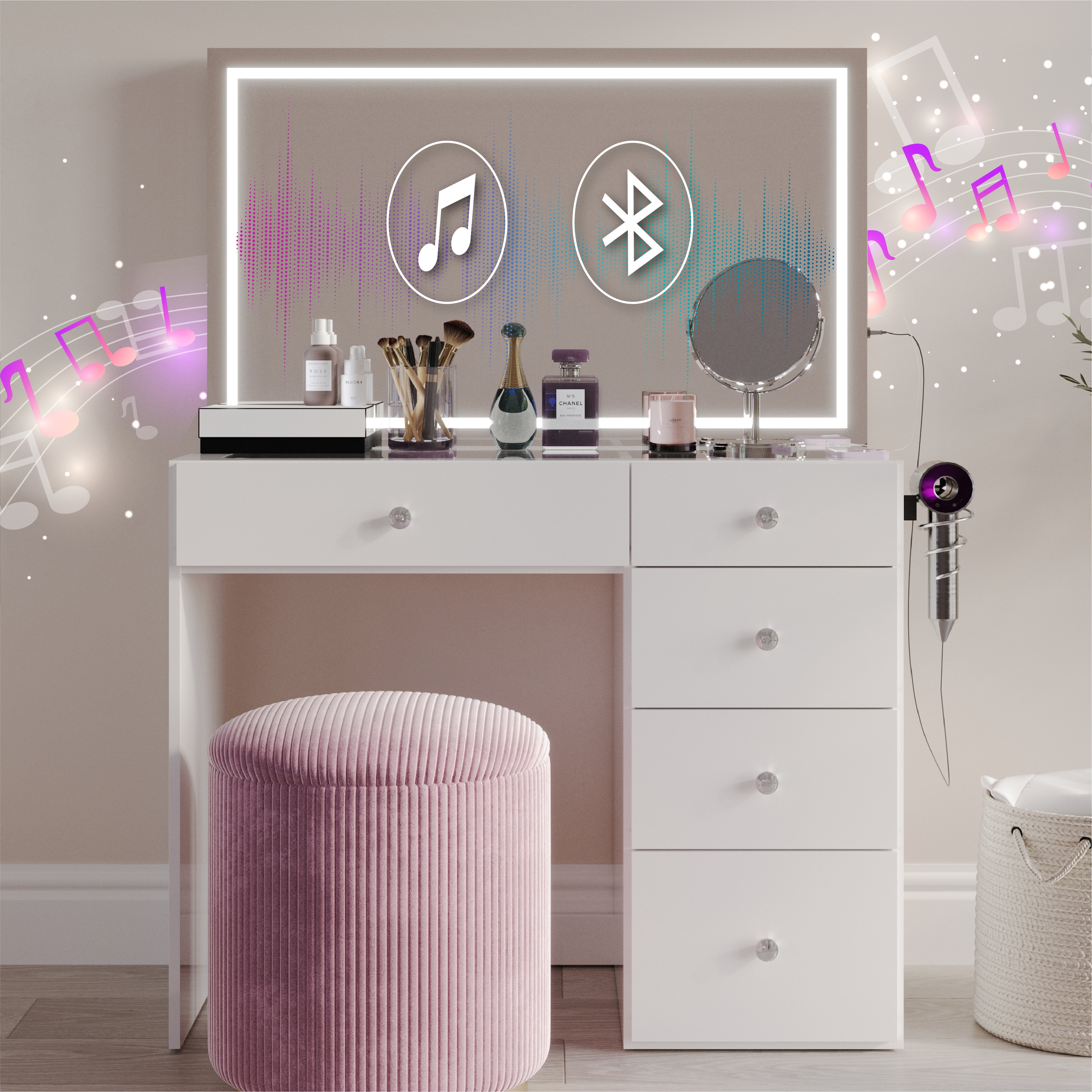 Boahaus Aria Vanity Set with LED Mirror, Bluetooth Speakers & Charging ...