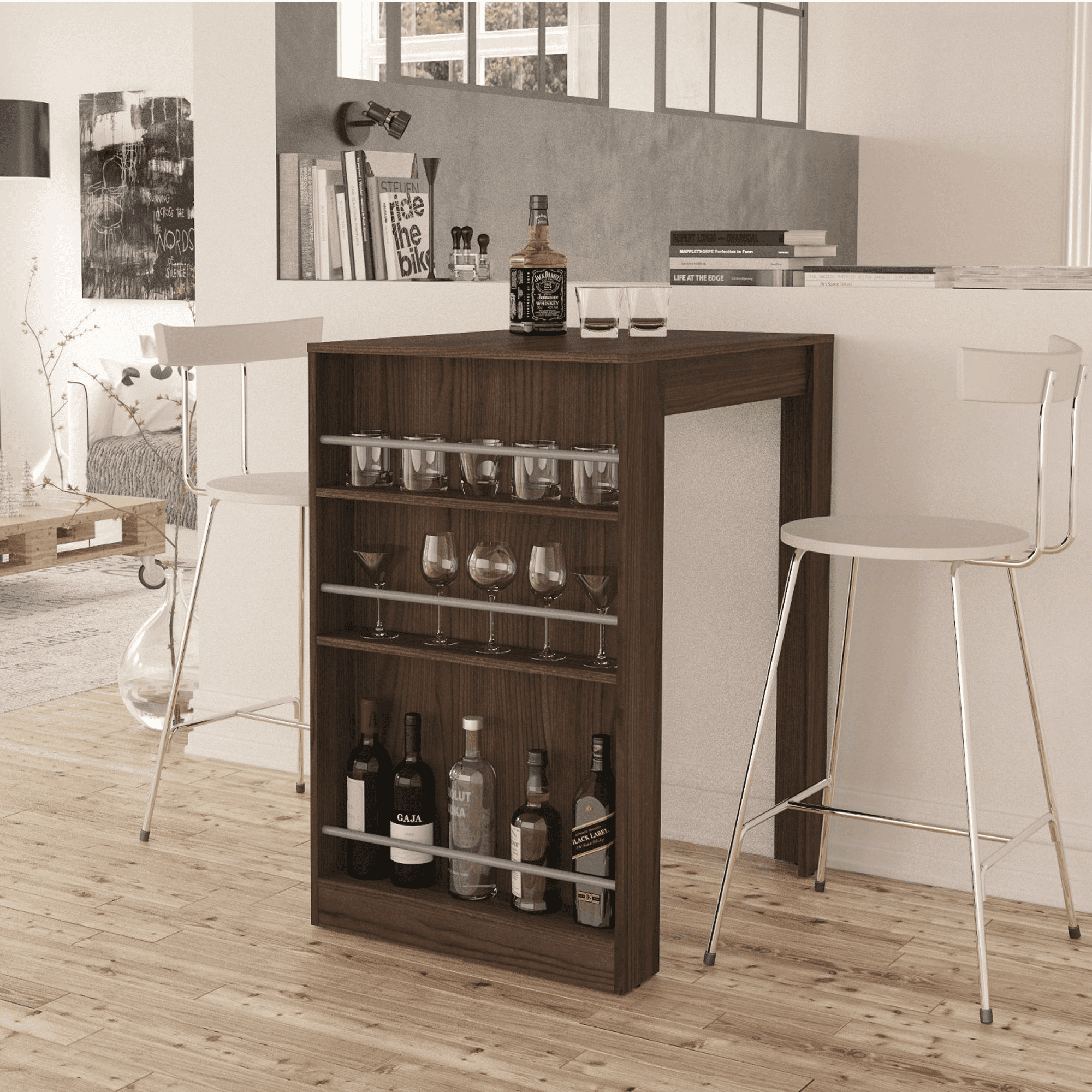 Boahaus Cambridge Modern Bar Table, Brown Finish, Wine Storage ...