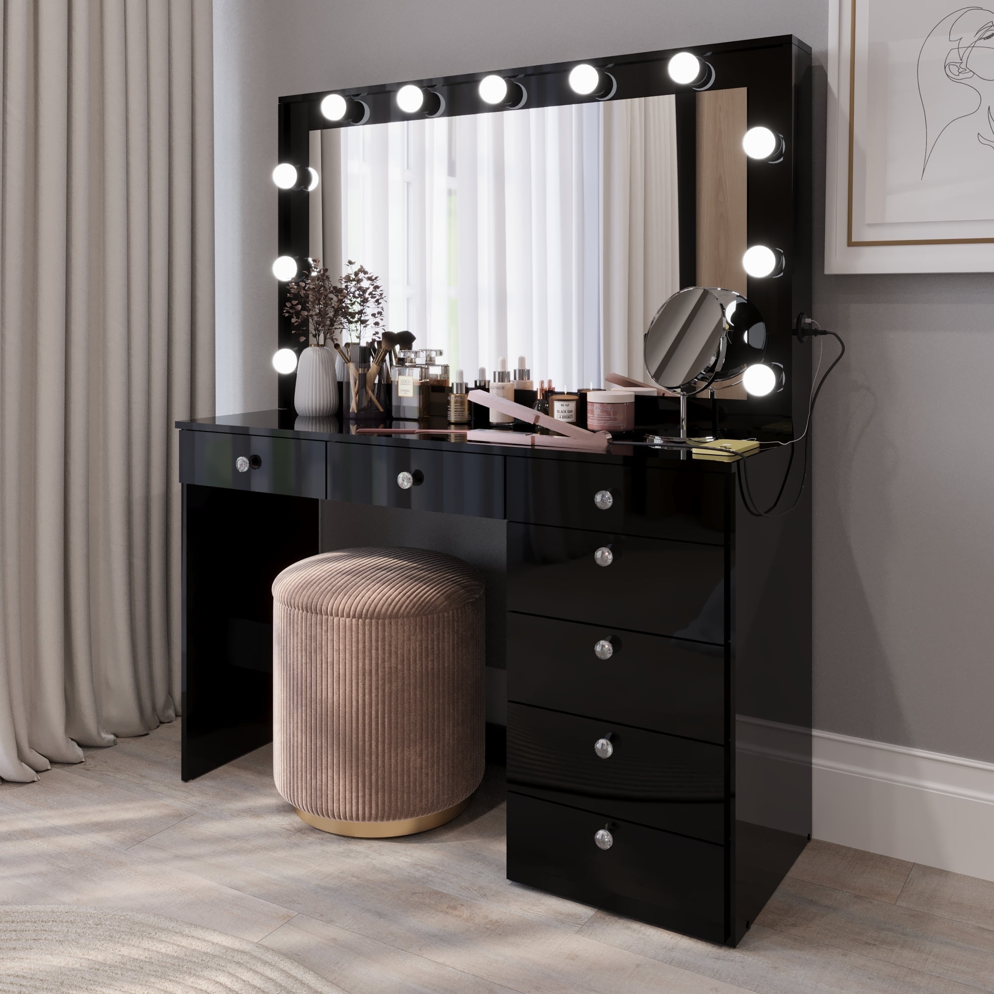 Boahaus GRWM Diana 1 Piece Modern Vanity Table Set with Built-in Lights ...