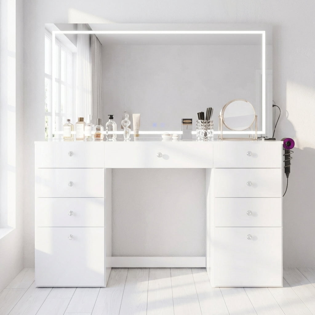 Boahaus Elara Extra Large Vanity Desk with Mirror and Lights – 11 ...