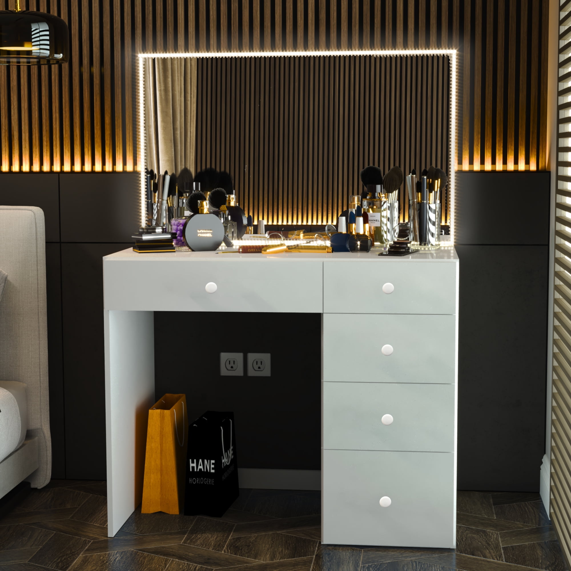 Boahaus Gaia Modern Lighted Vanity Desk Set, White, for Bedroom ...