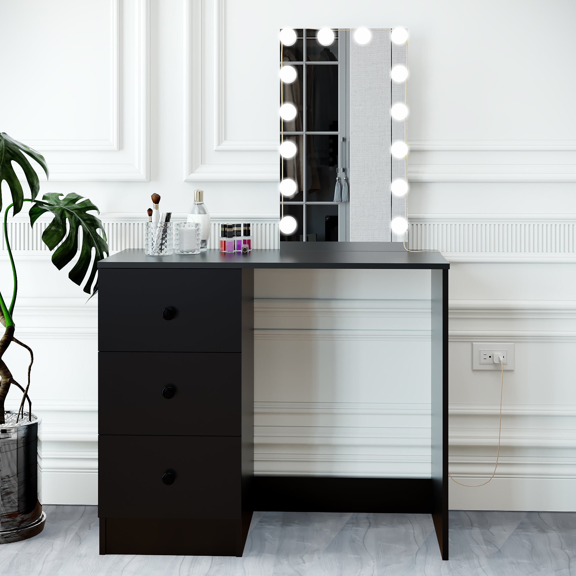 Boahaus Iris Black Dressing Table with Light Bulbs Basic Knobs ...