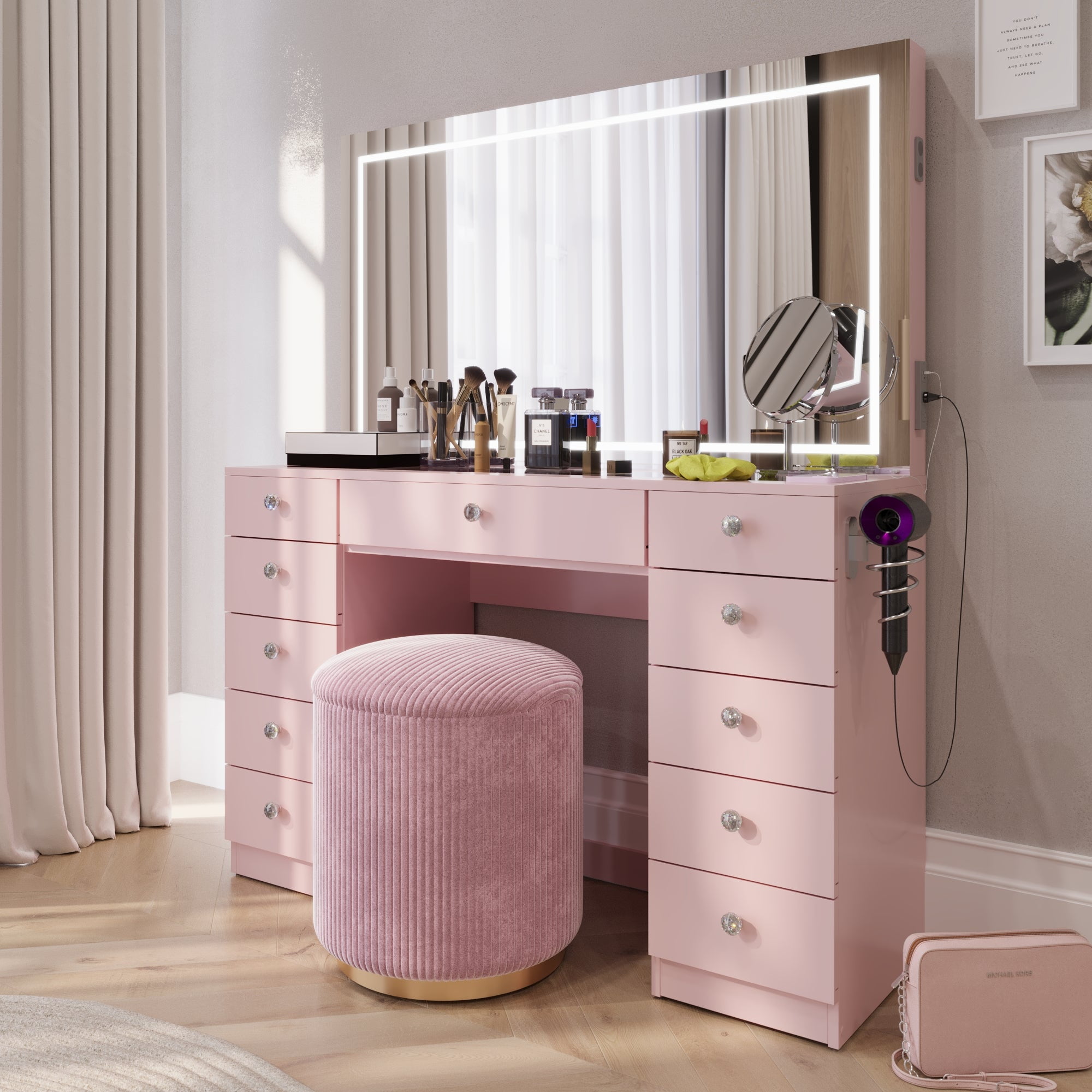 Boahaus Ivy Vanity Set with LED Mirror, Bluetooth Speakers & Extra ...