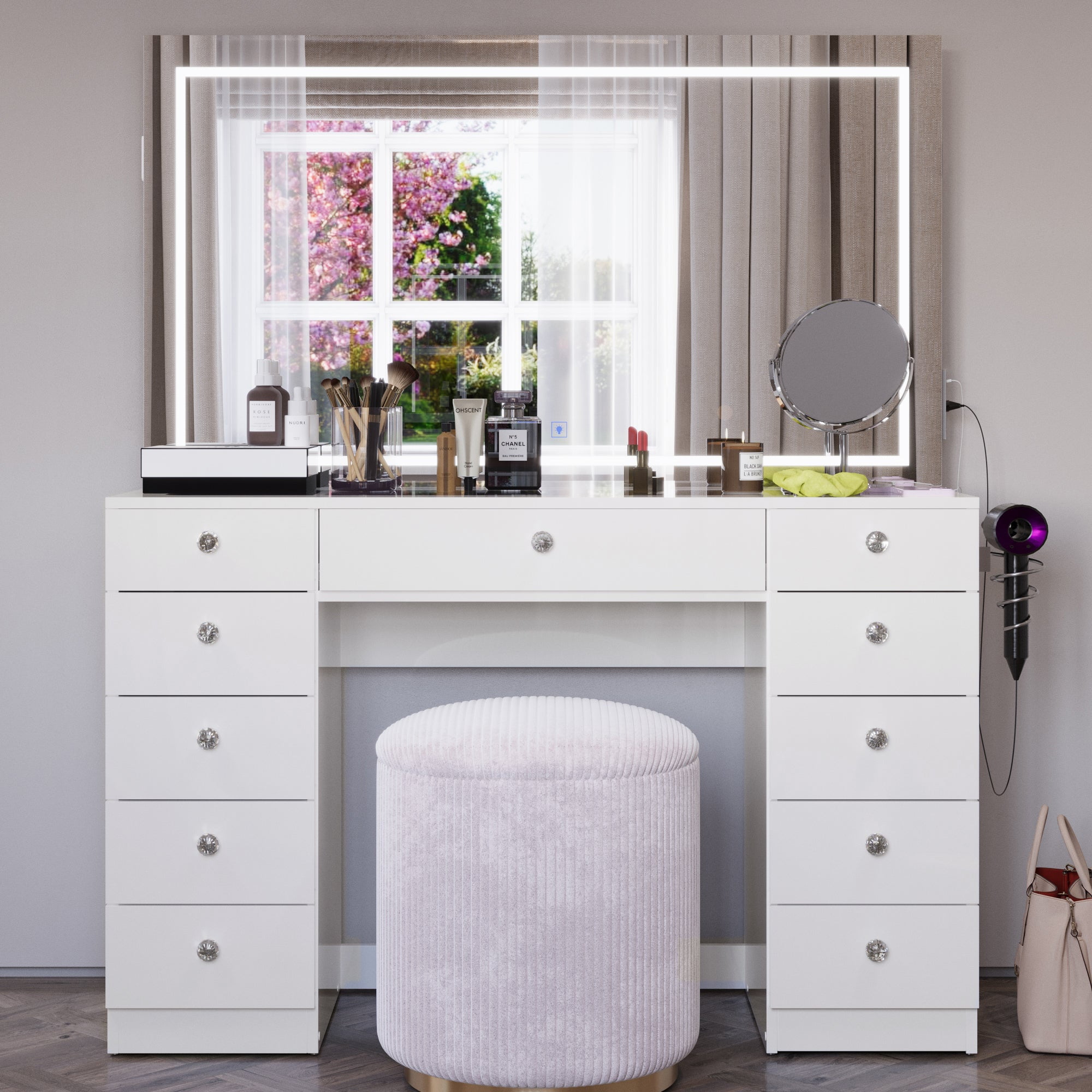 Boahaus Ivy Vanity Set with LED Mirror, Bluetooth Speakers & Extra ...