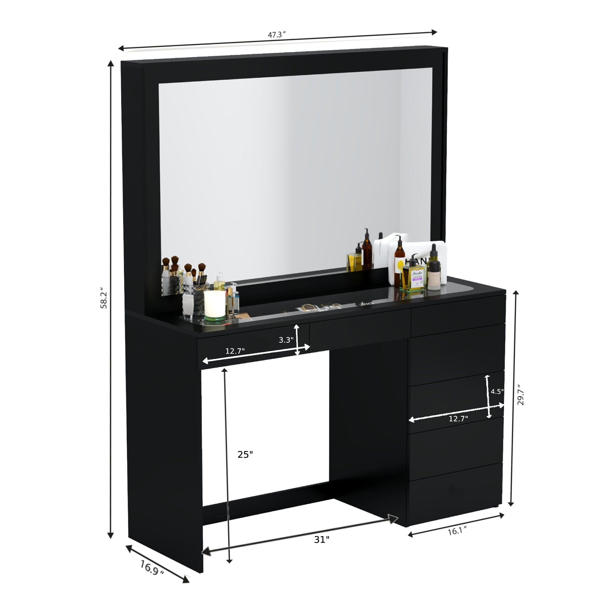 Boahaus Jane Dressing Table, Glass Top, 07 Drawers, Black - N/A Crystal ...