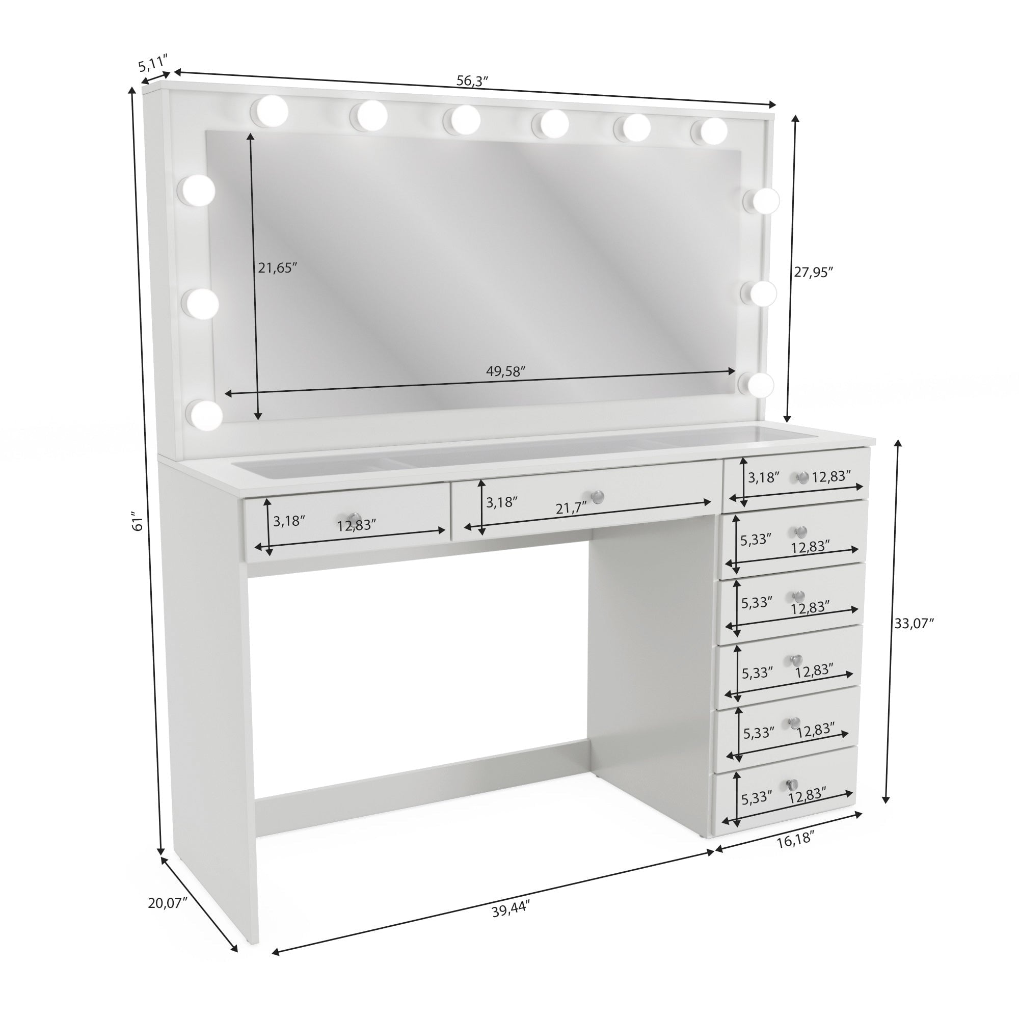 Boahaus Makeup Vanity Desk Glass Top 8 Drawers Crystal Knobs Lighted Mirror White-Crystal Knobs ...
