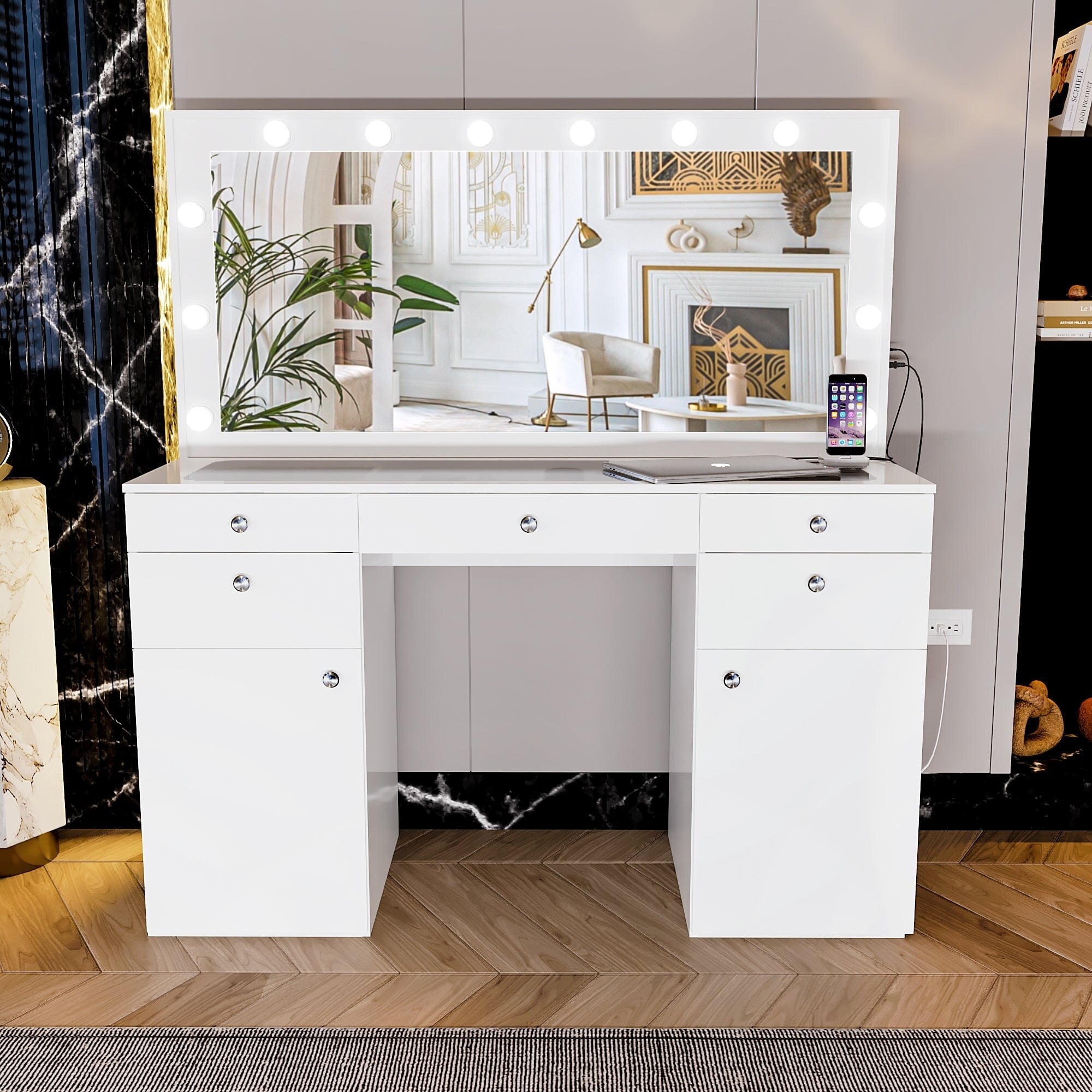 Boahaus Makeup Glass Top Vanity with Hollywood Lighted Mirror White ...