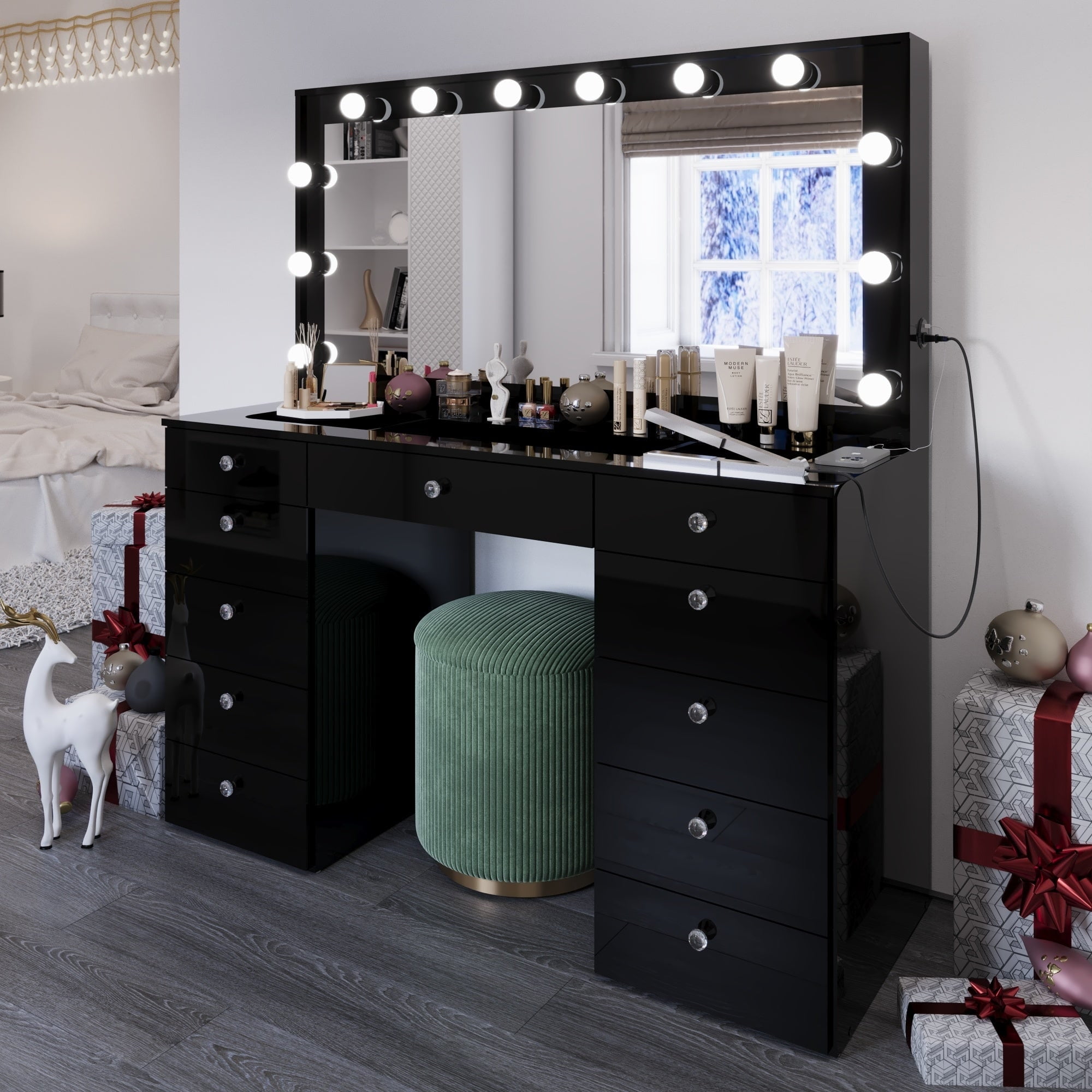 Boahaus Large Makeup Vanity Desk Glass Top Lighted 11 Drawers Crystal ...