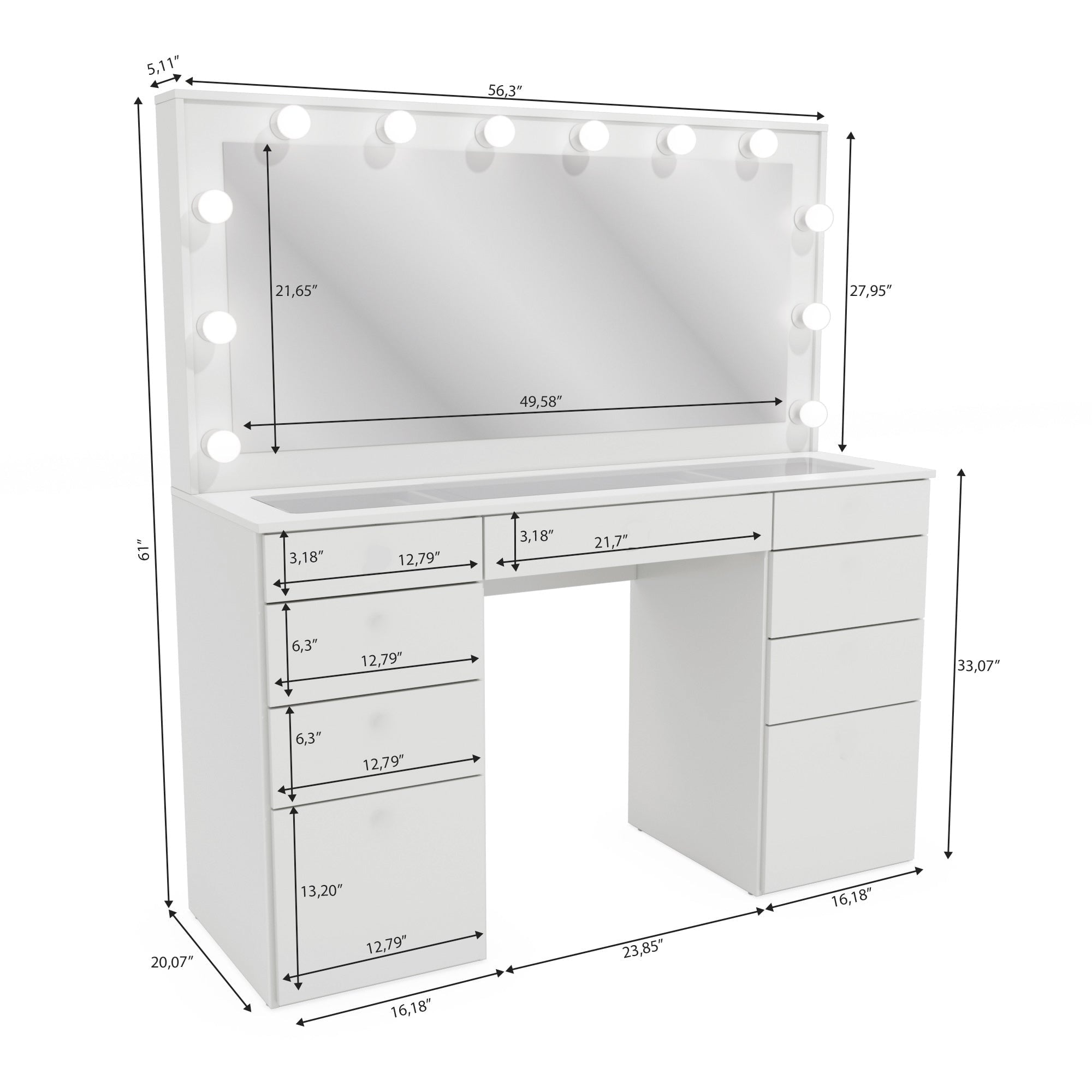 Boahaus Makeup Vanity Desk 9 Drawers Glam Glass Top Lighted Crystal ...