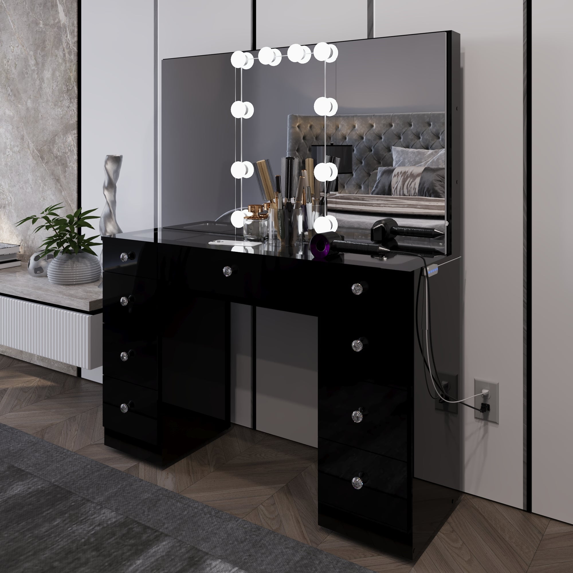 Ember Interiors Pro Black Makeup Vanity Desk with Glass Top, 10 Bulb Light Mirror, and Storage ...