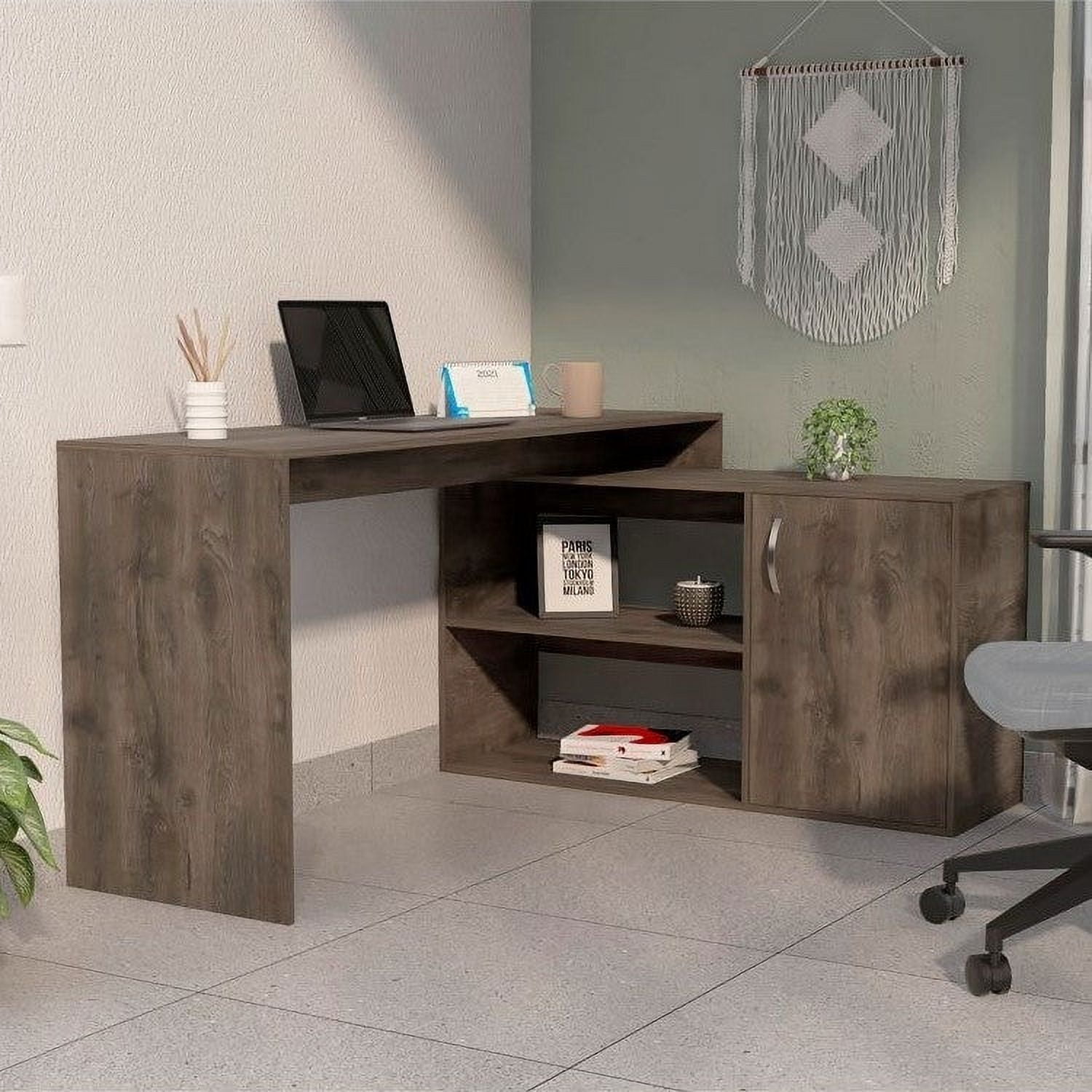 Boahaus Linyi L-Shaped Computer Desk, Dark Brown, 2-Shelves, One ...