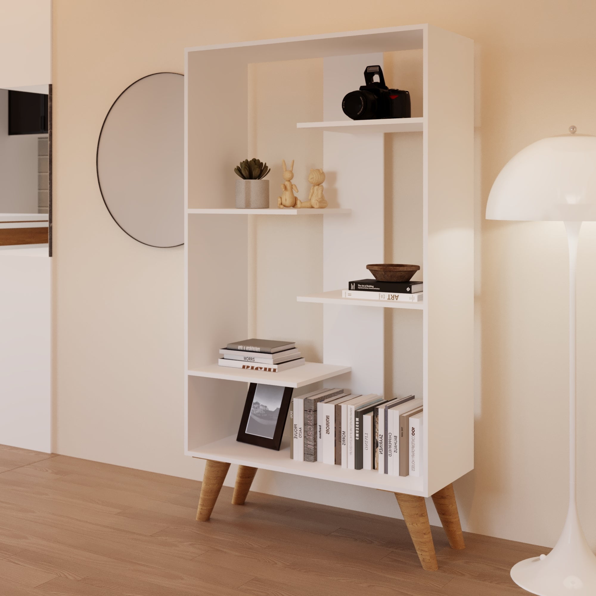 Boahaus Lund Modern Bookcase with Open Shelves and Wooden Legs, White ...