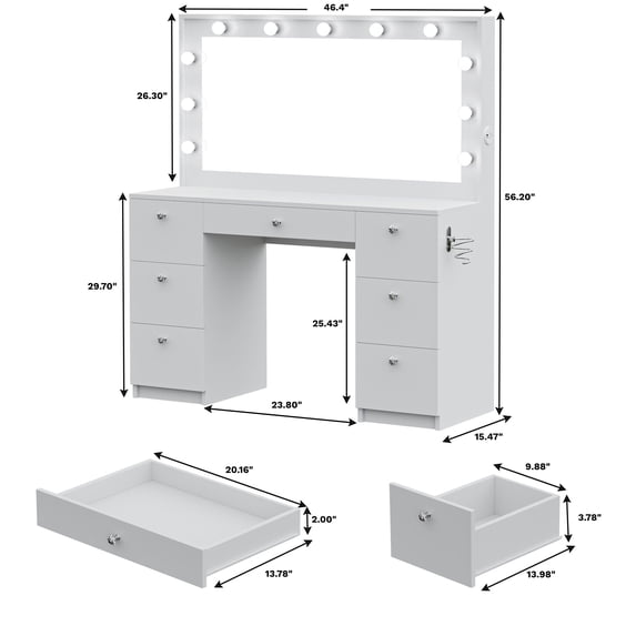 Boahaus Makeup Vanity 7 Drawers Lighted Crystal Knobs USB Port Black ...