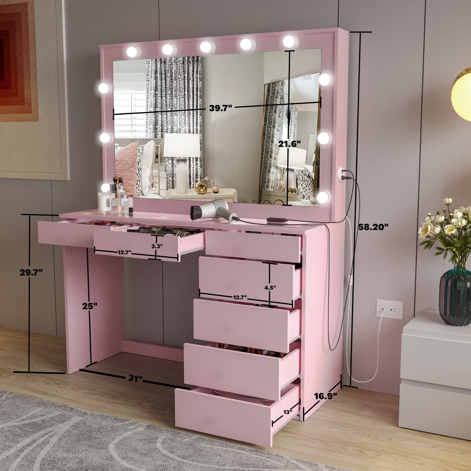Boahaus Makeup Vanity Desk, 7 Drawers, Lights, Pink Crystal Ball Knobs ...