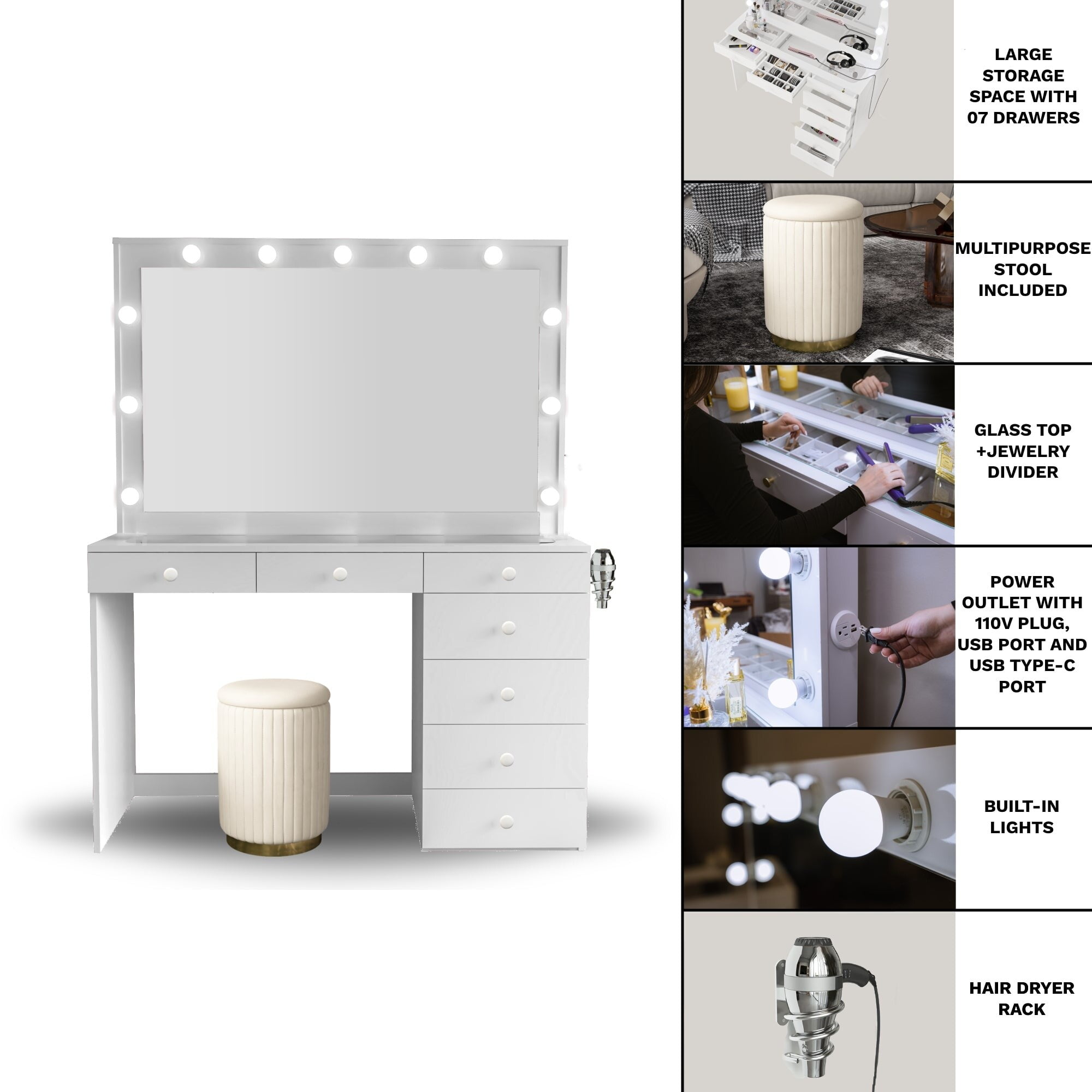 Boahaus Makeup Vanity Desk Crystal knobs Glass Top Lighted White ...