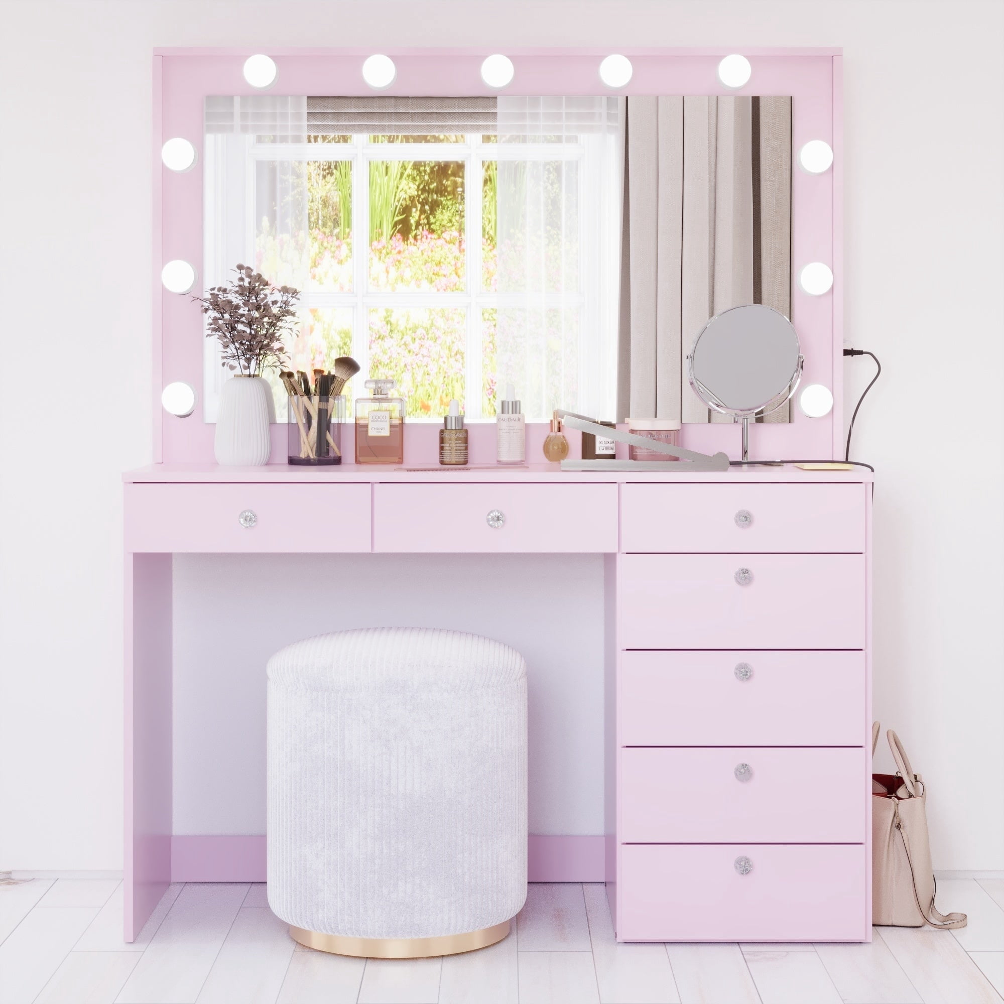 Boahaus Makeup Vanity Desk With Crystal knobs 7 Drawers Built-In Lights ...