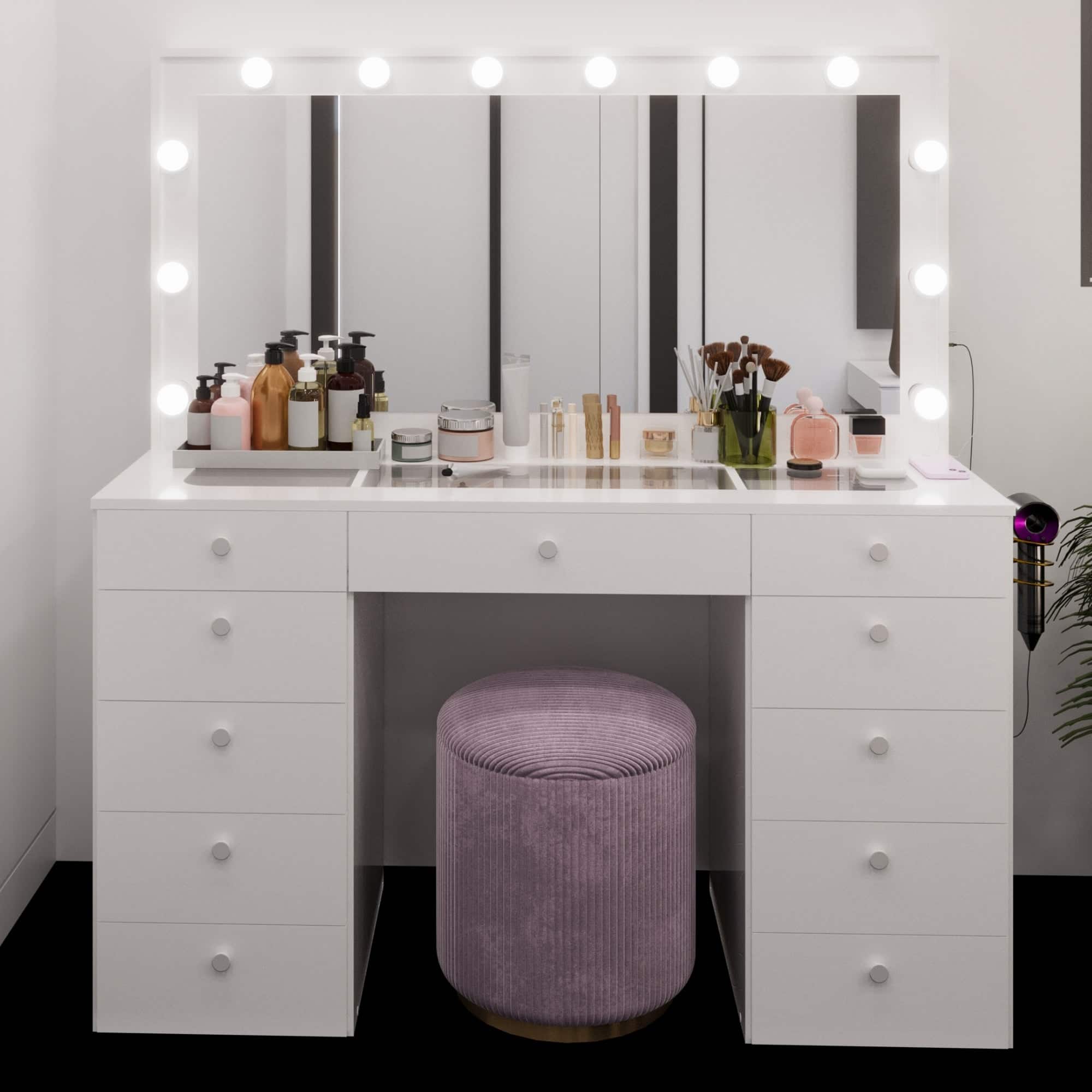 Boahaus Makeup Vanity Table with 11 Drawers, Mirror, Lights, Glass Top ...