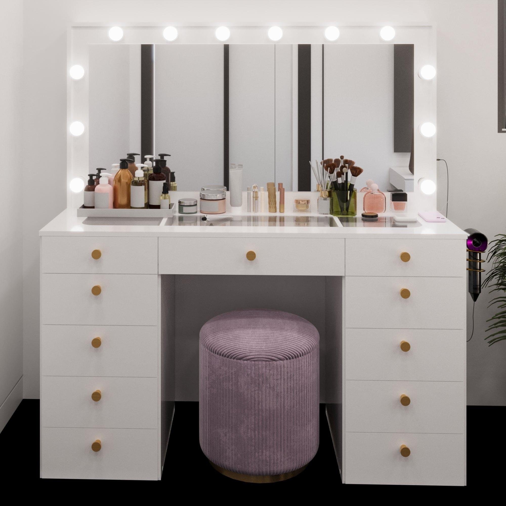Boahaus White-Gold Makeup Vanity Table with Mirror, Lights, Glass Top ...