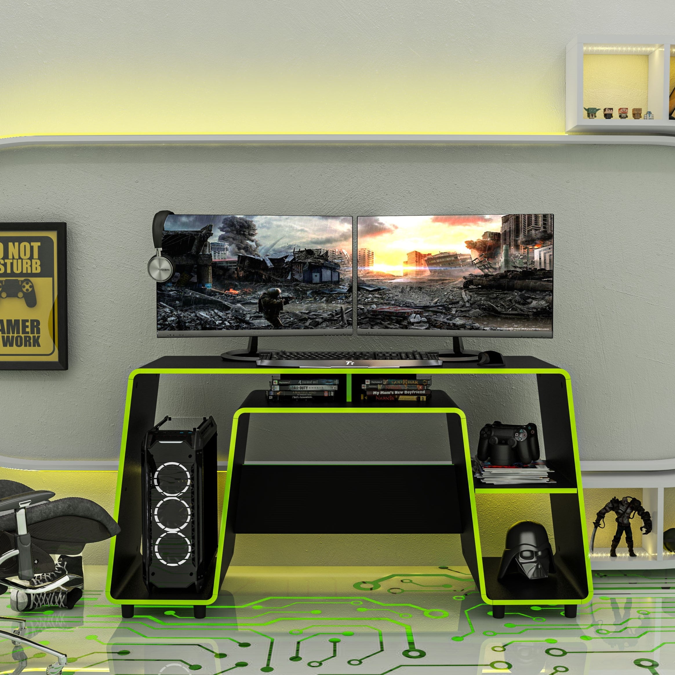 Boahaus Nagoya Black & Green Gaming Desk, Wide Top, 5 Shelves, for ...