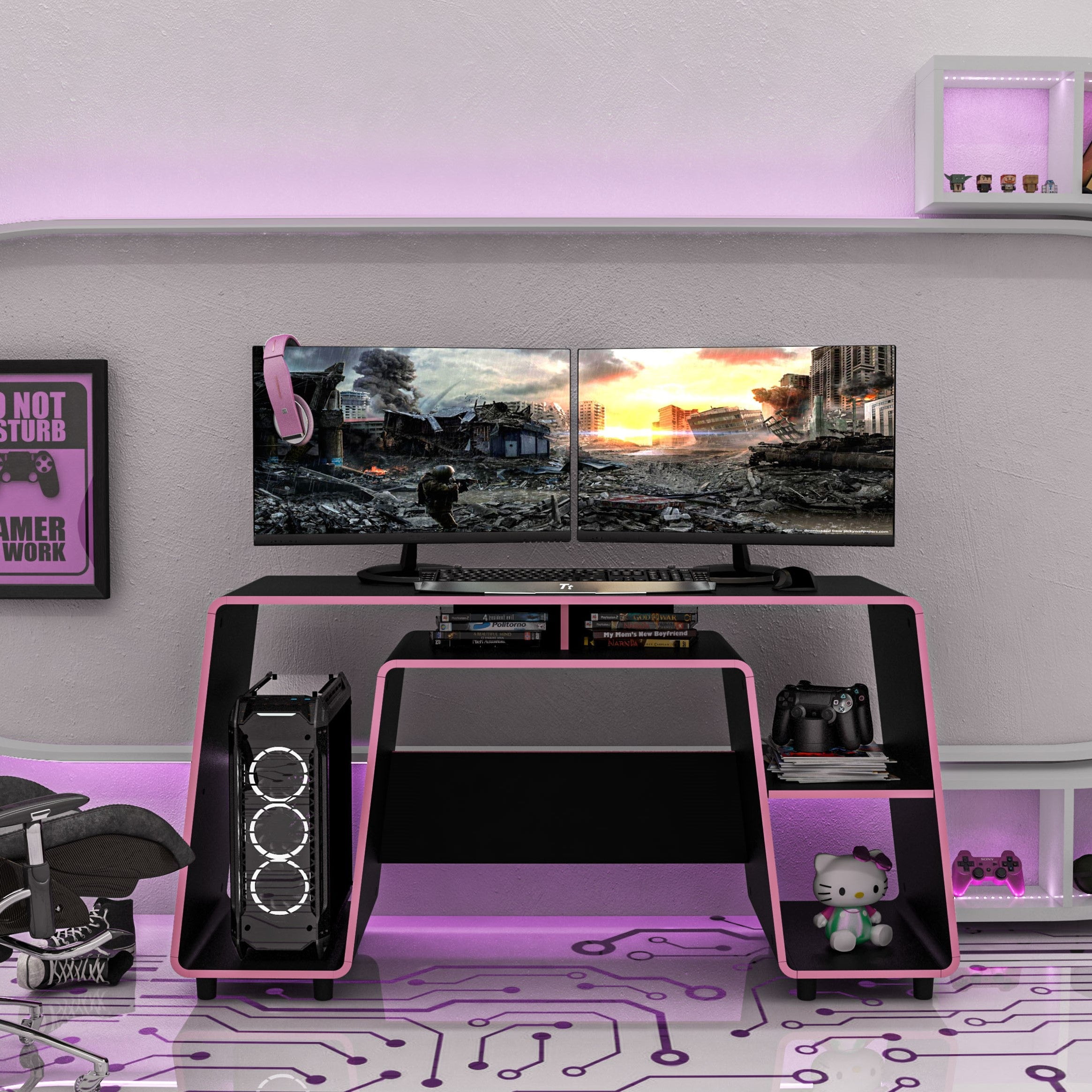Boahaus Nagoya Black & Purple Gaming Desk, Wide Top, 5 Shelves, for ...