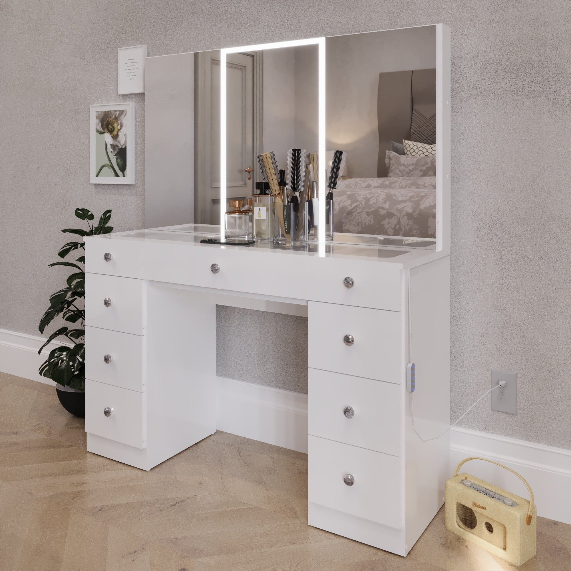 Boahaus Noah Vanity Desk with Tri-Fold Mirror, Glass Top, LED Add-On ...