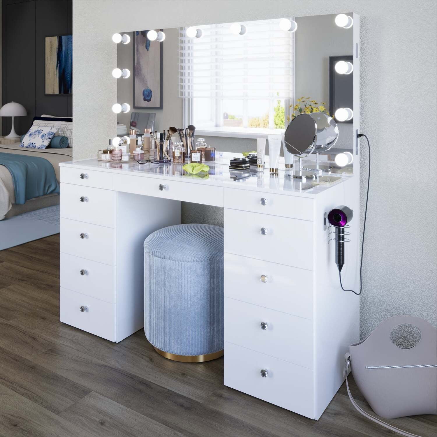 Boahaus Orla Modern Vanity Desk with Tall Mirror, Glass Top, and ...