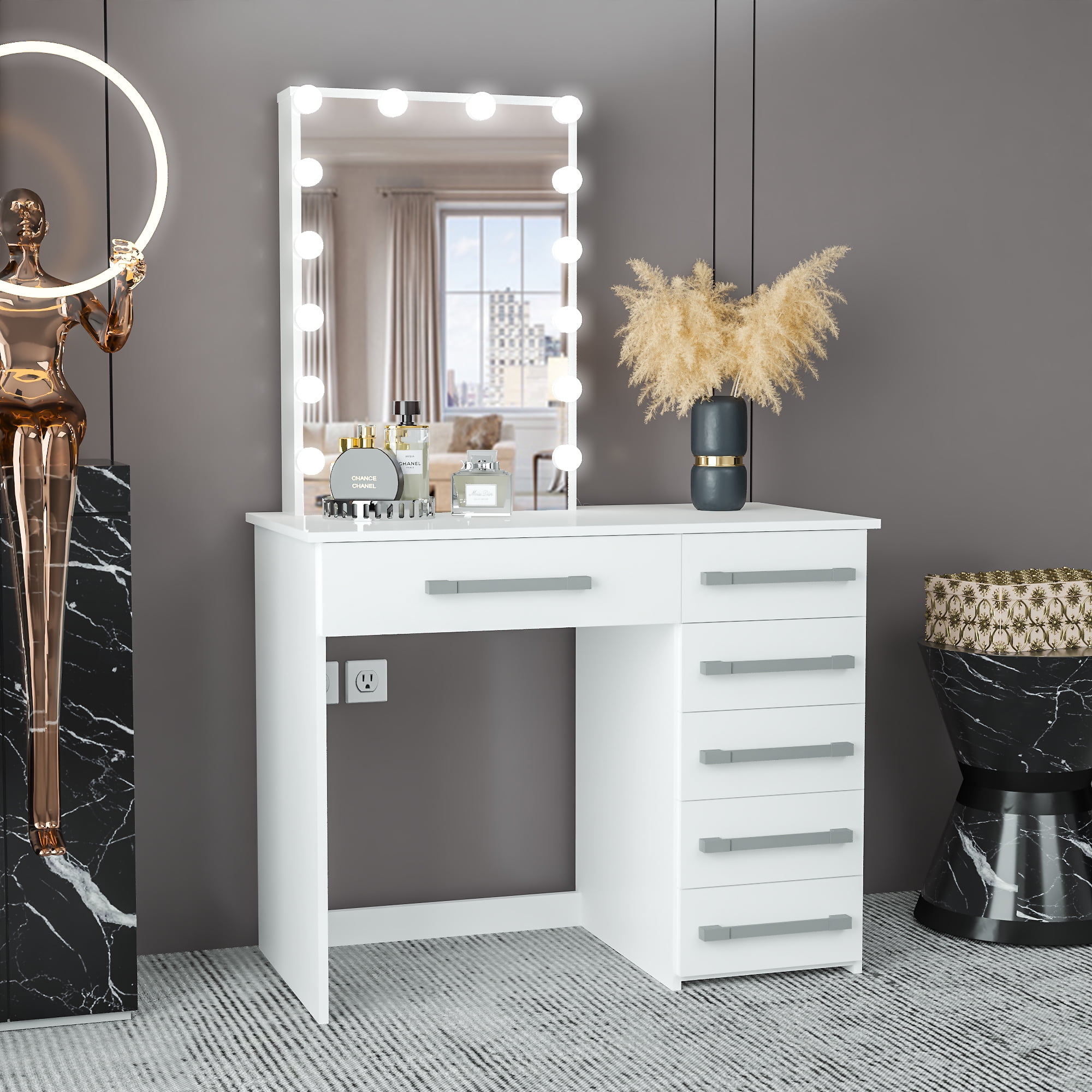 Boahaus Phoebe Modern Lighted Vanity Table, White, Ideal for Bedroom ...