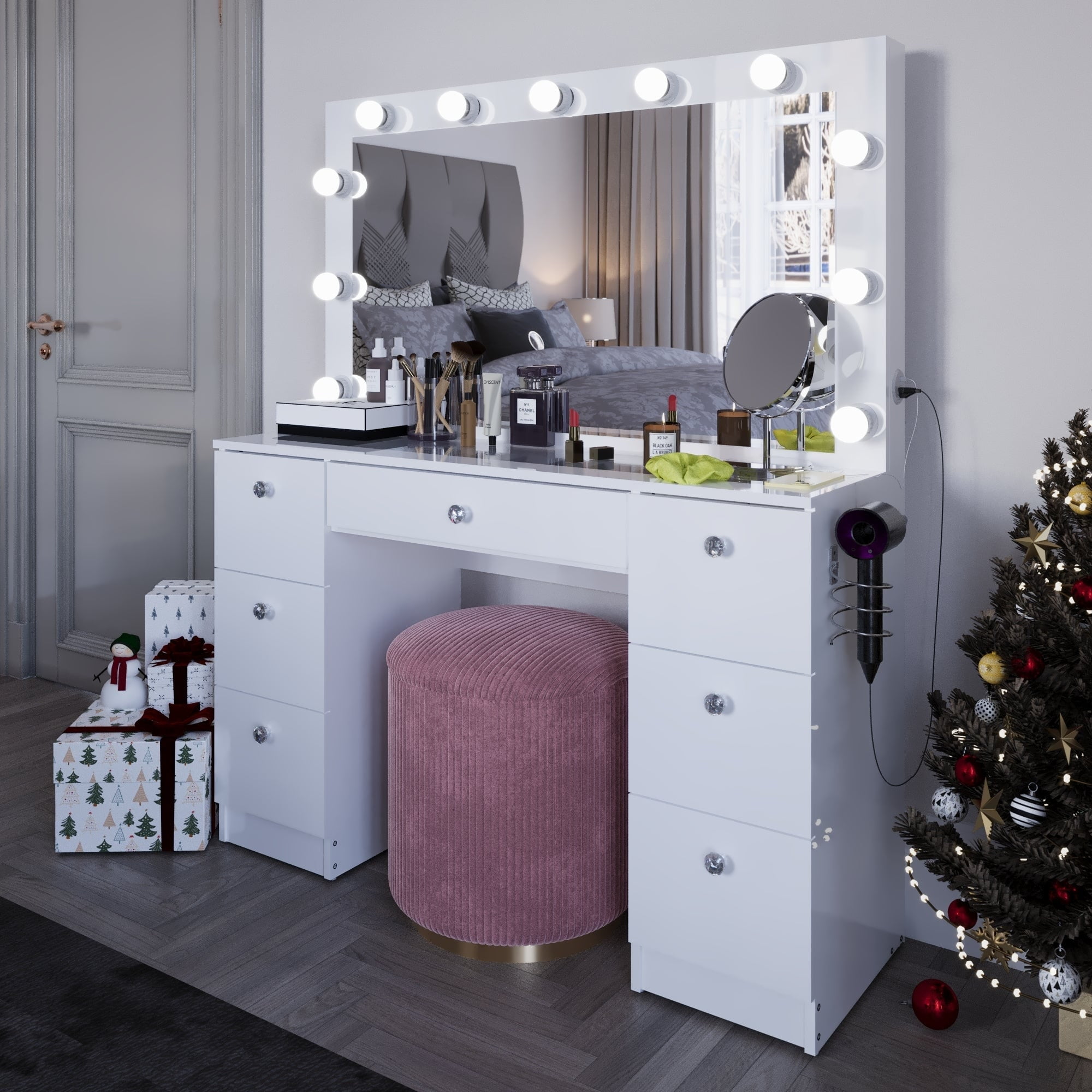 Boahaus Vanity Desk Glass Top with 7 Drawers & Lights Crystal knobs ...