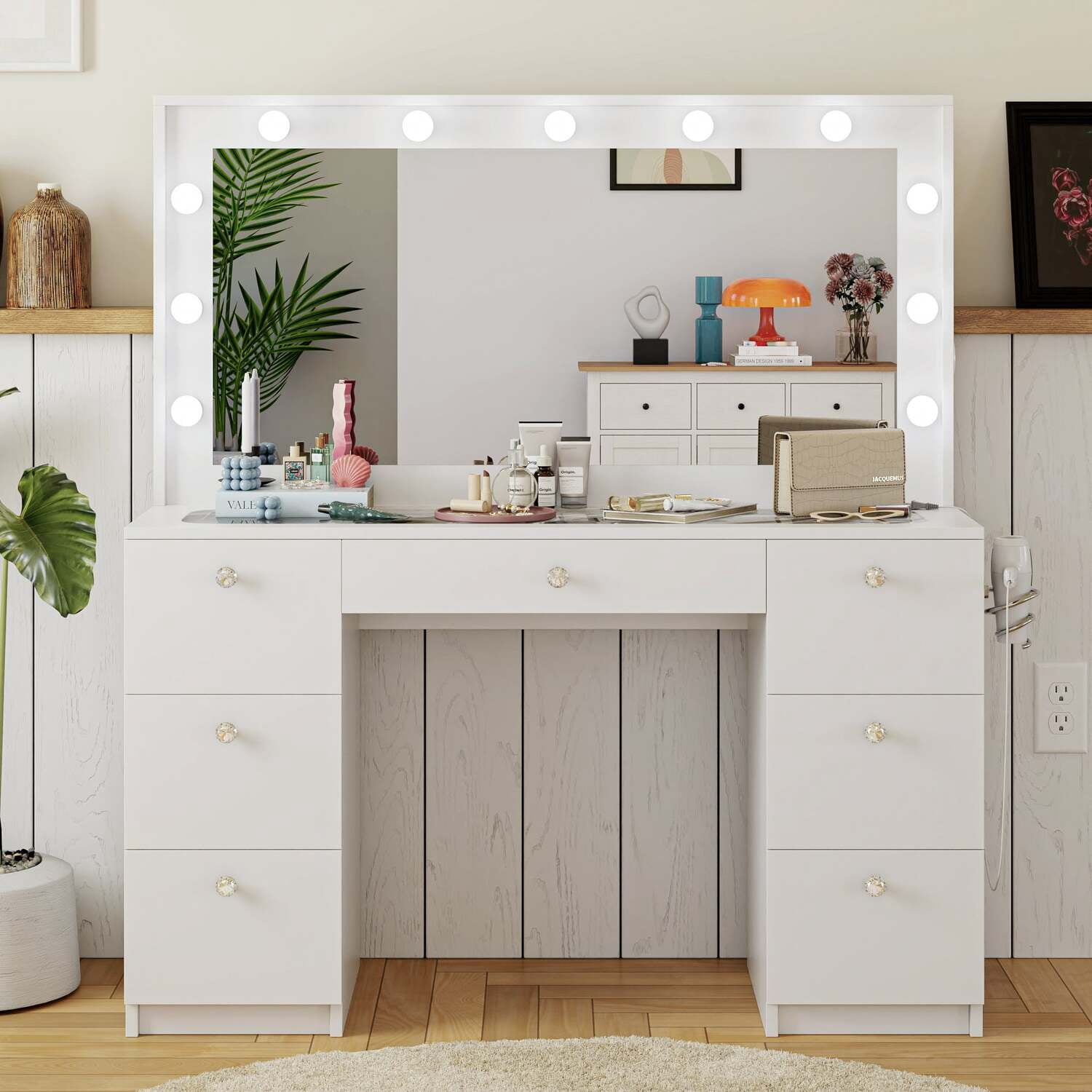 Boahaus Yara Bedroom Makeup Vanity Desk with Mirror and Lights, 7 ...