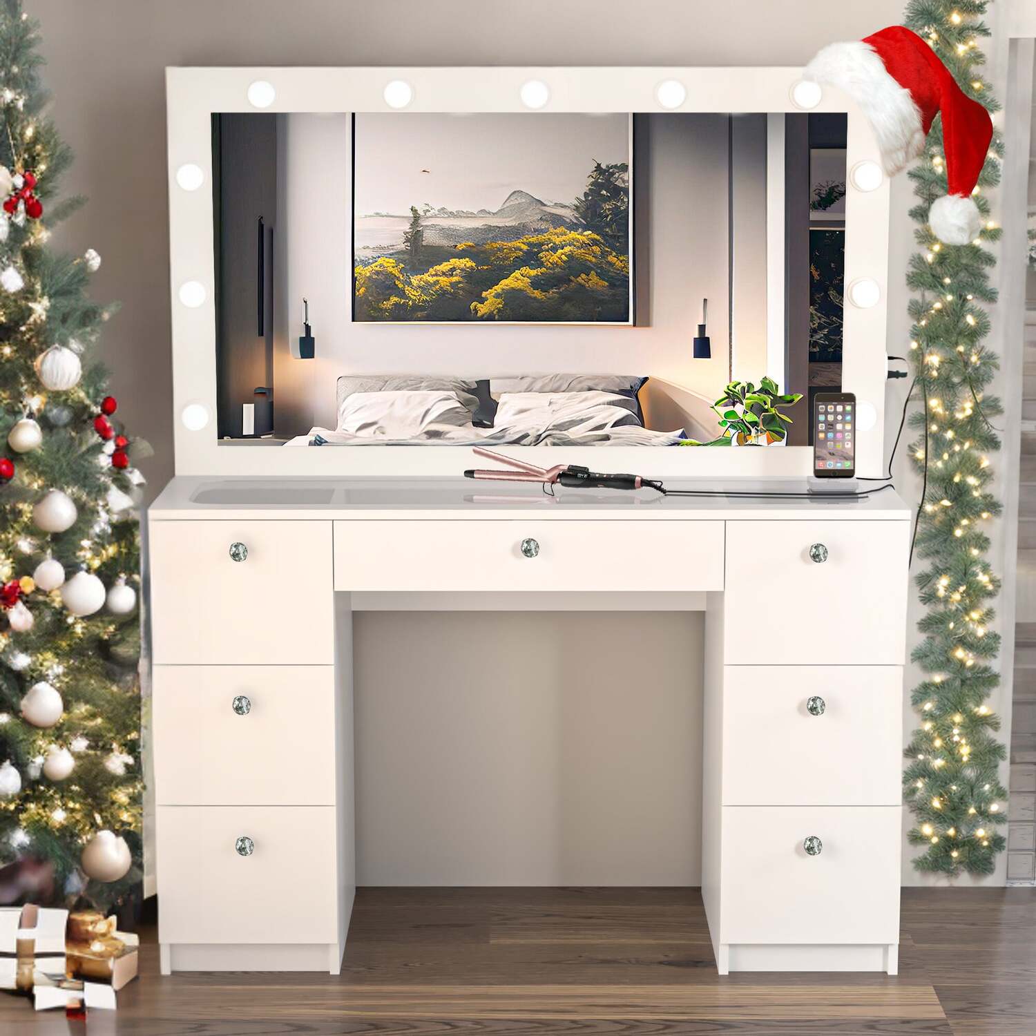 Boahaus Yara Bedroom Makeup Vanity Desk with Mirror and Lights, 7 ...