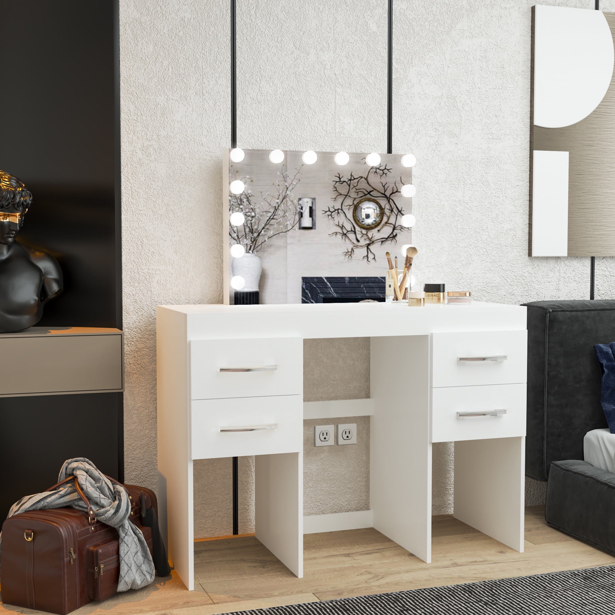 Boahaus Zaria Modern Vanity Table,Light Bulbs, White Finish, for ...