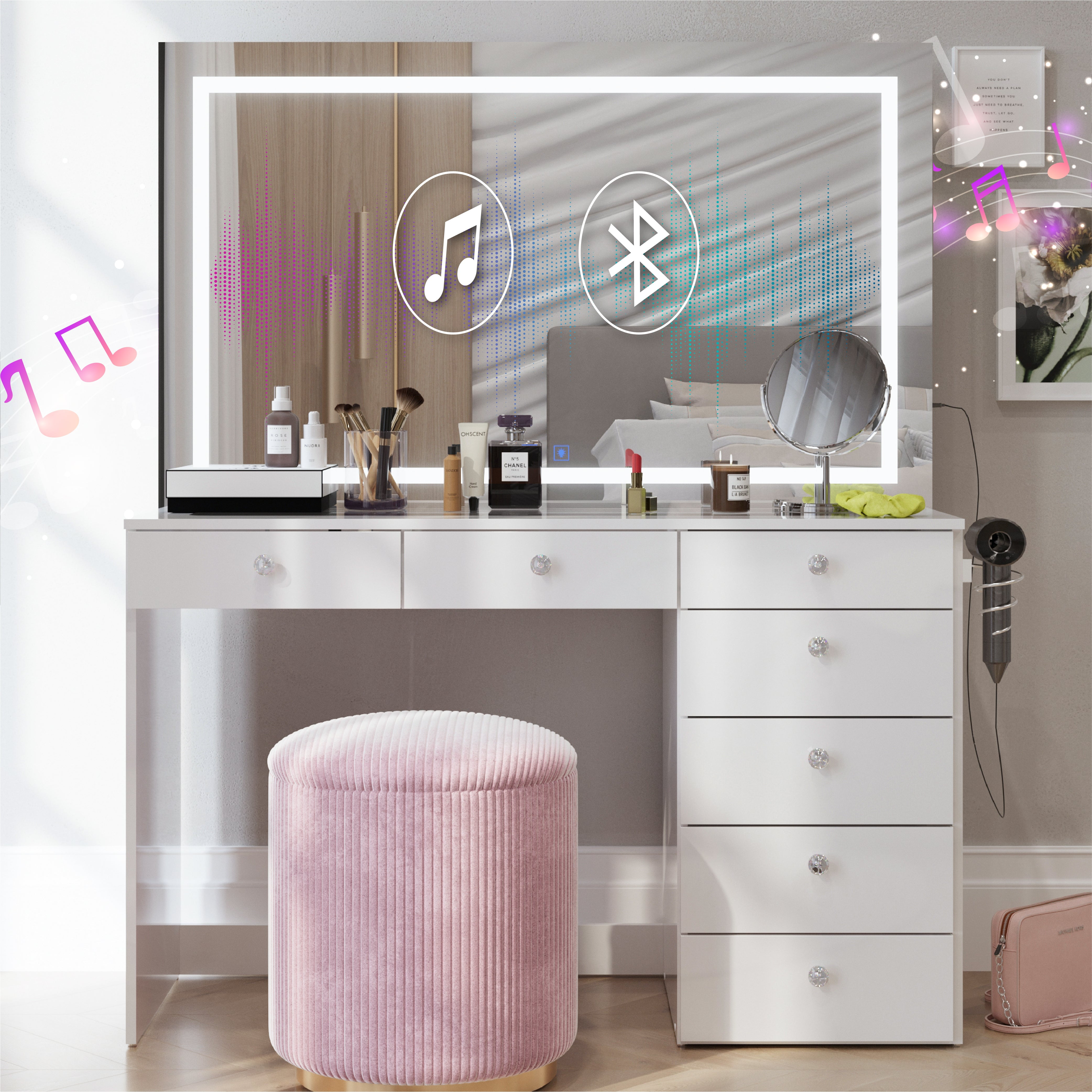 Boahaus Zoe Vanity Set with LED Mirror, Bluetooth Speakers & Large ...