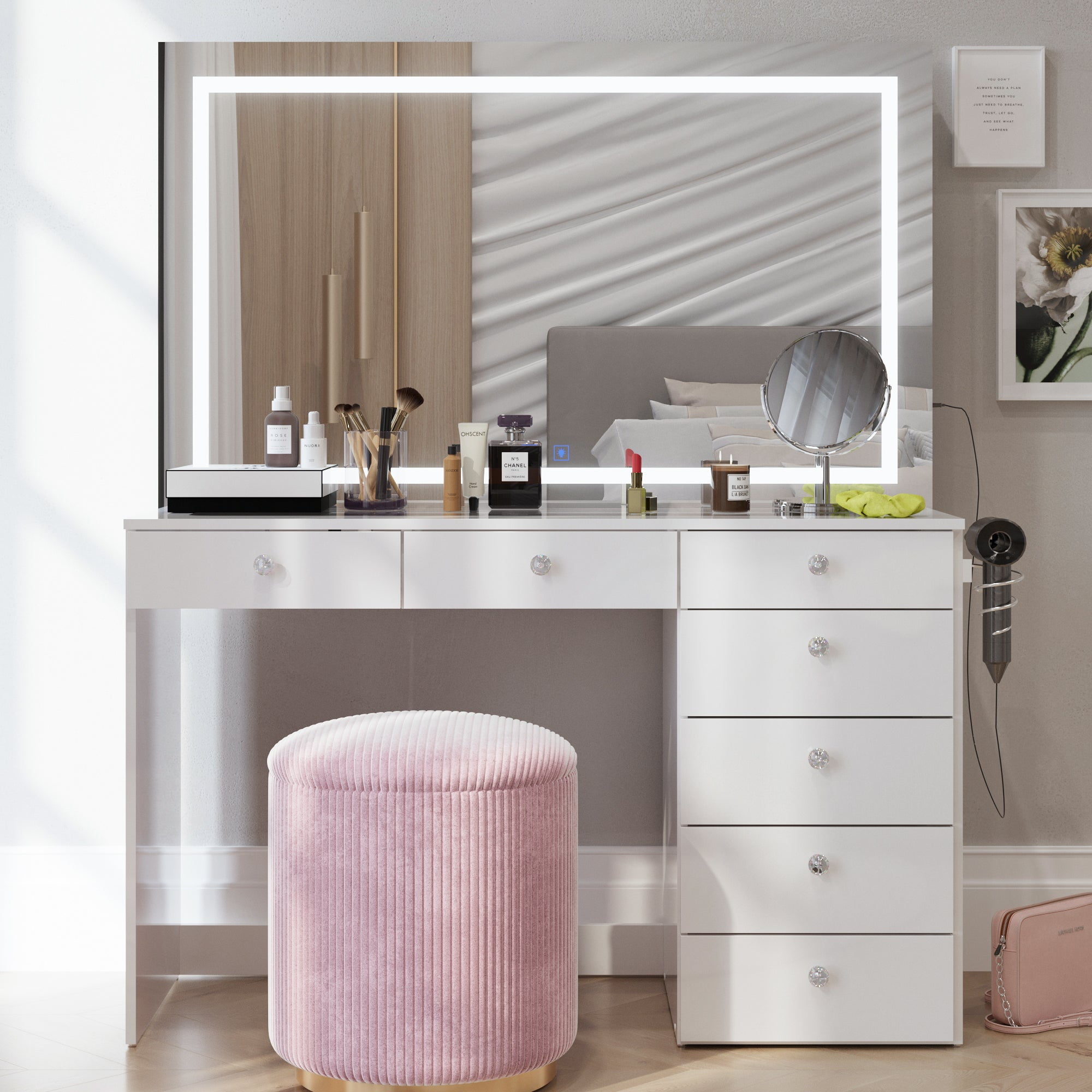 Boahaus Zoe Vanity Set with LED Mirror, Bluetooth Speakers & Large ...
