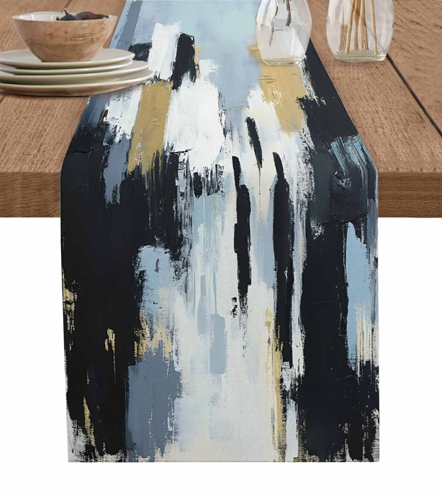 Boanket Abstract Black Gold Table Runner - 70 Inch Long, Kitchen Dining ...