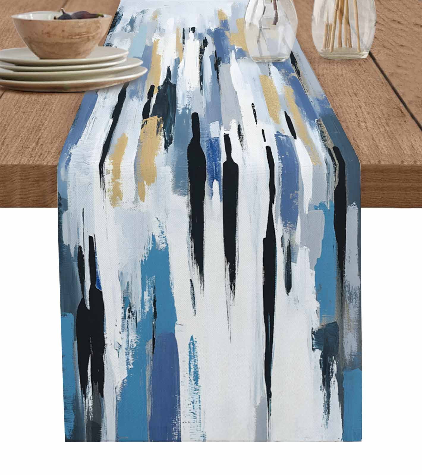 Boanket Abstract Blue Gold Table Runner - 90 Inch Long, Kitchen Dining ...