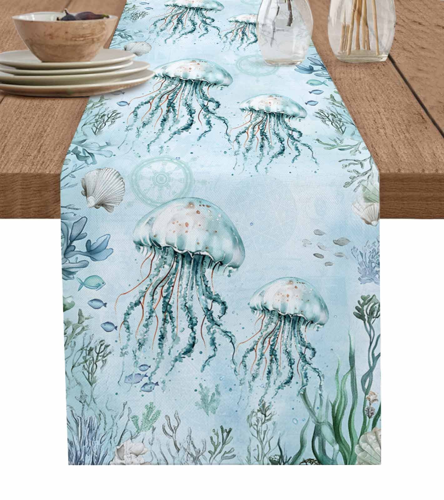 Boanket Aqua Jellyfish Table Runner - 90 Inch Long, Kitchen Dining ...
