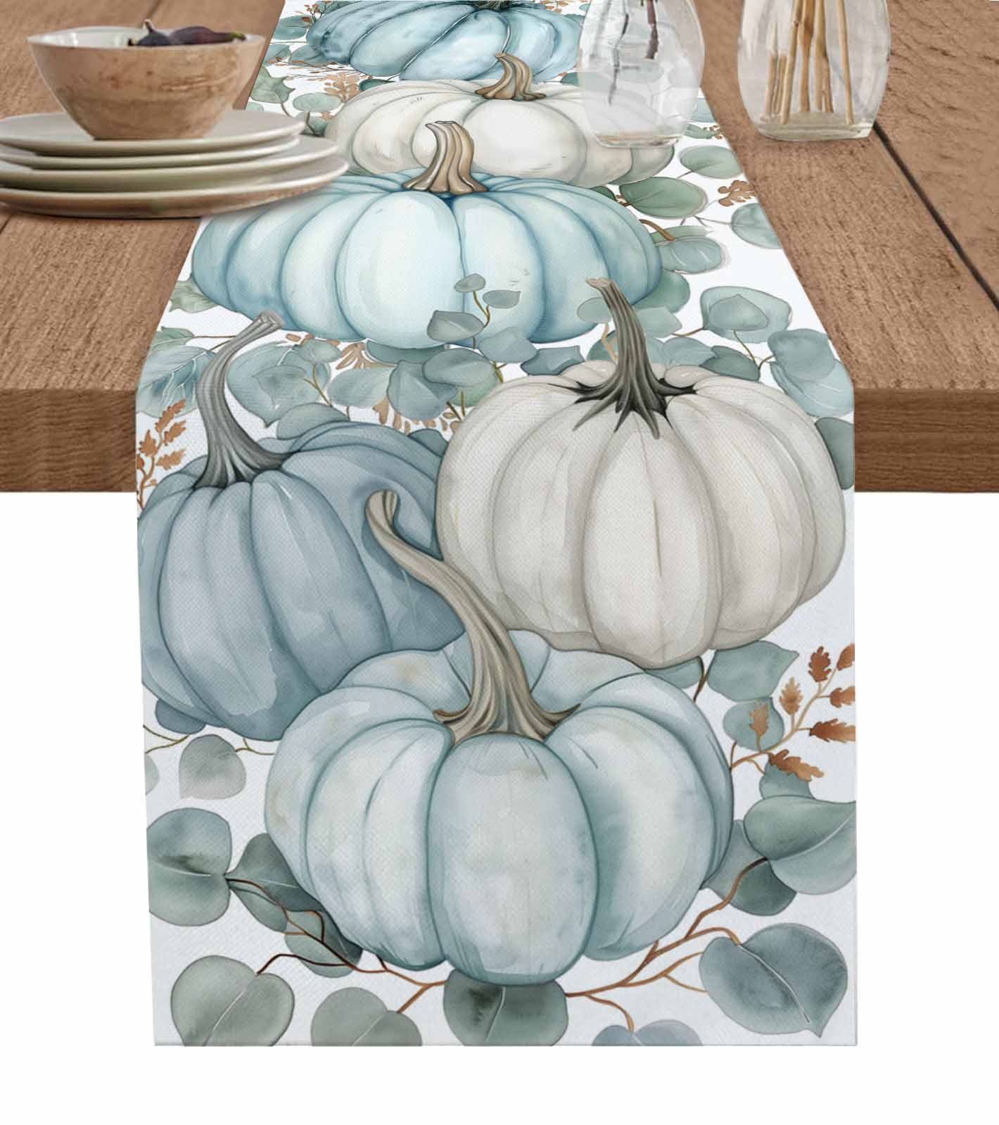 Boanket Aqua White Pumpkins Fall Table Runner - 48 Inch Long, Kitchen Dining Table Runner ...