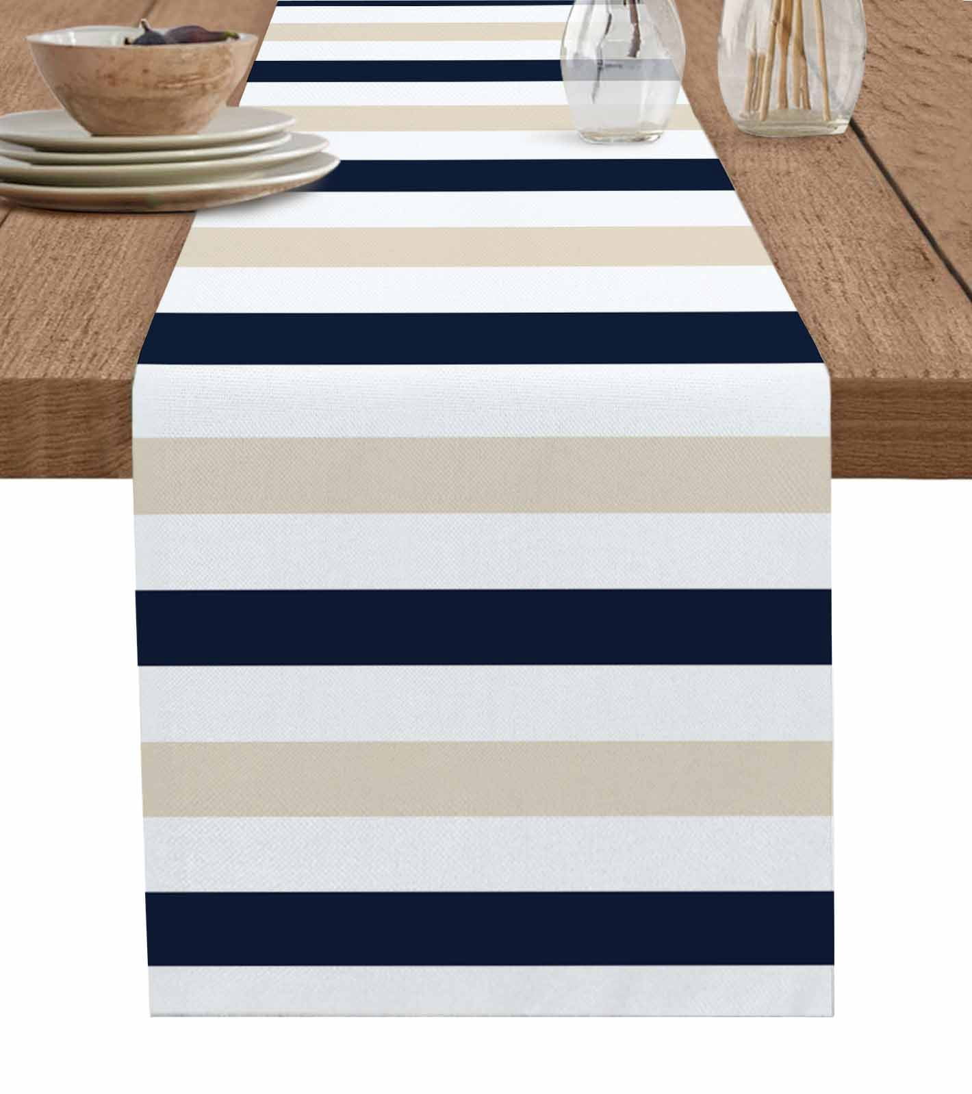Boanket Beige Navy Blue Striped Table Runner - 90 Inch Long, Kitchen ...